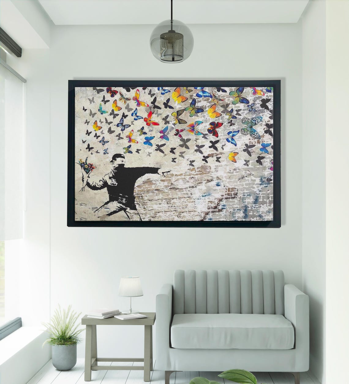 Banksy Throwing Flowers, Colorful Butterfly Wall Art, Graffiti Street ...