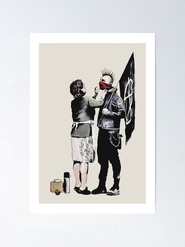 Banksy graffiti mom and punk with anarchist flag Protest Canvas Poster ...