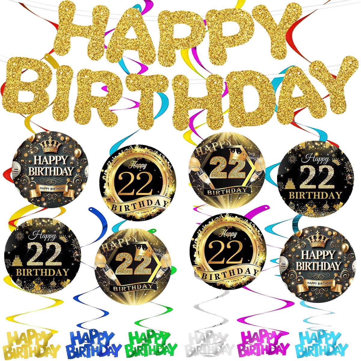 Banner 22nd Black Gold Glitter Theme Party Supplies Decoration Hanging ...