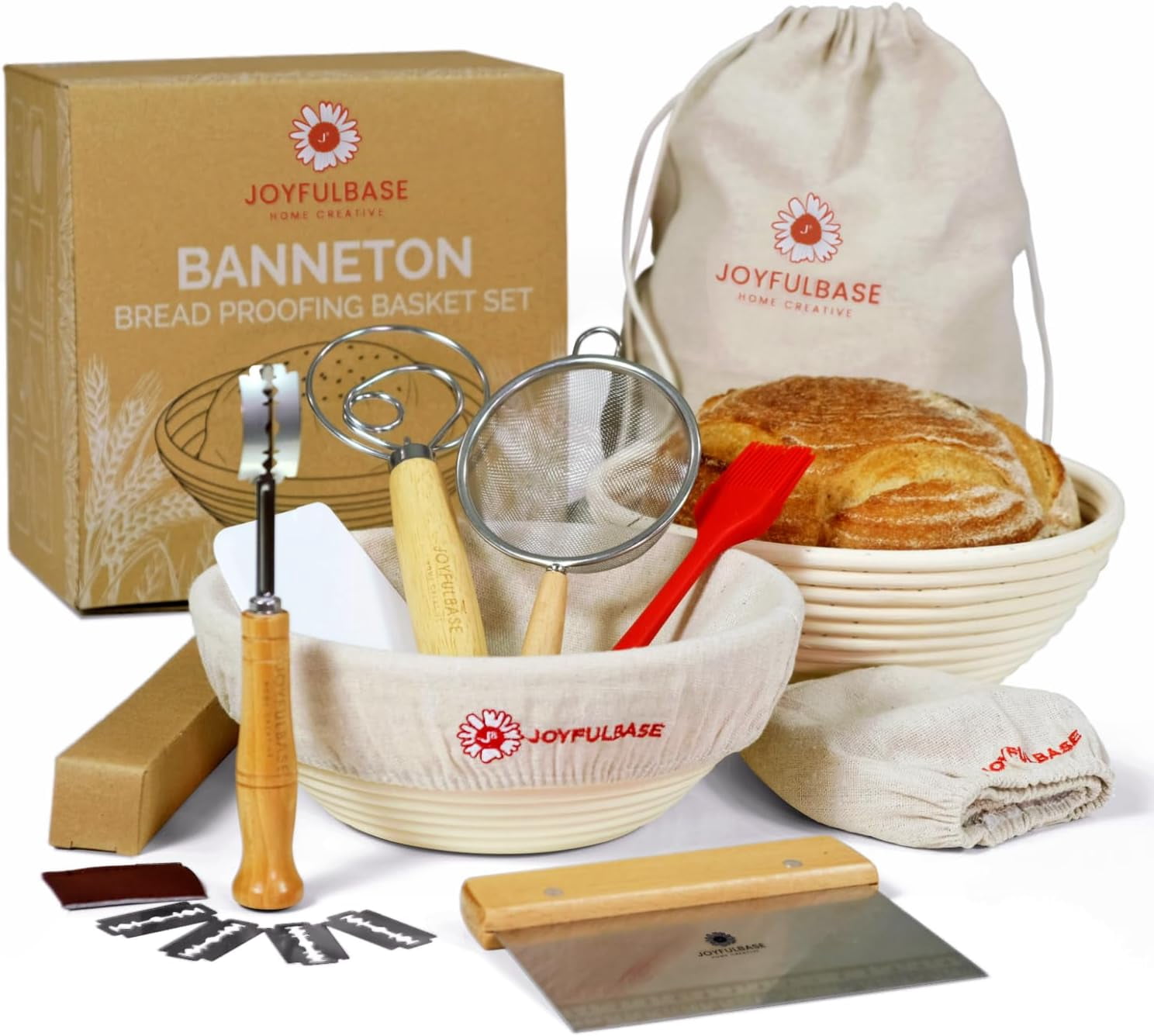 Banneton Bread Proofing Basket Set of 2 Sourdough Starter Kit with 9 ...