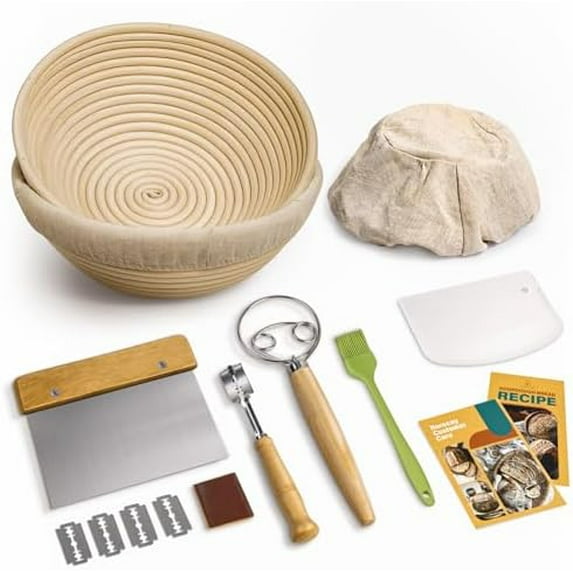 Banneton Bread Proofing Baskets Set of 2, 9 Inch Round Cane Sourdough ...