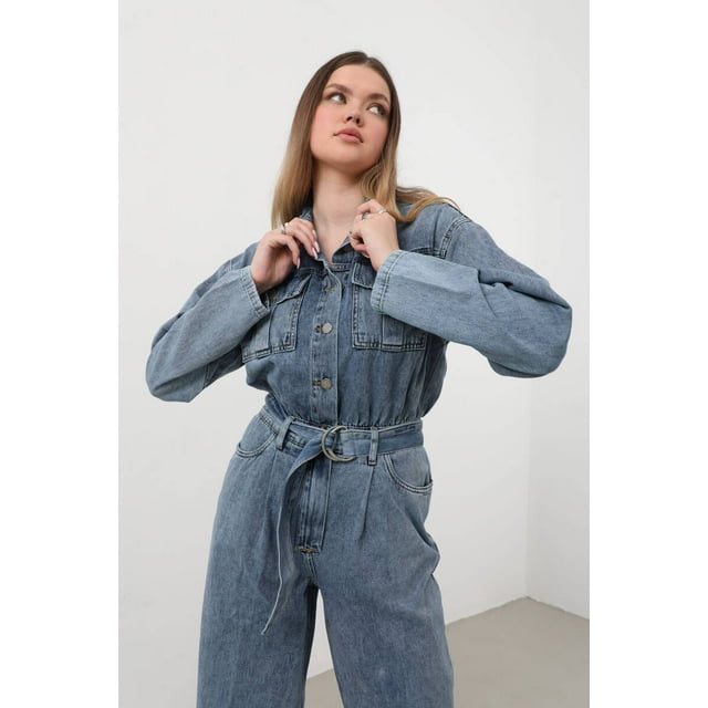 Banny Jeans ® Blue Denim jumpsuits for women Loose Fit Short Sleeve ...