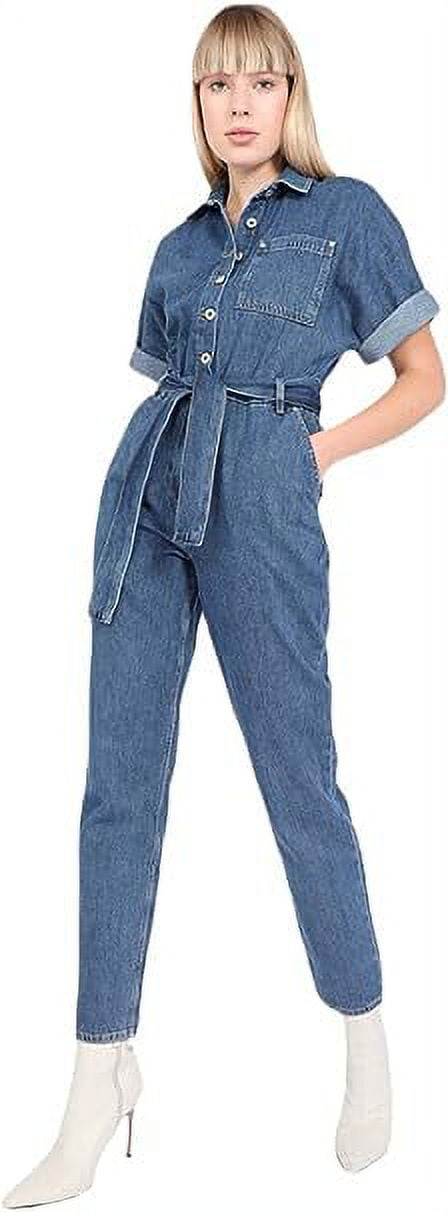 Banny Jeans ® Women Denim jumpsuits Short Sleeve Belted Collared Neck ...