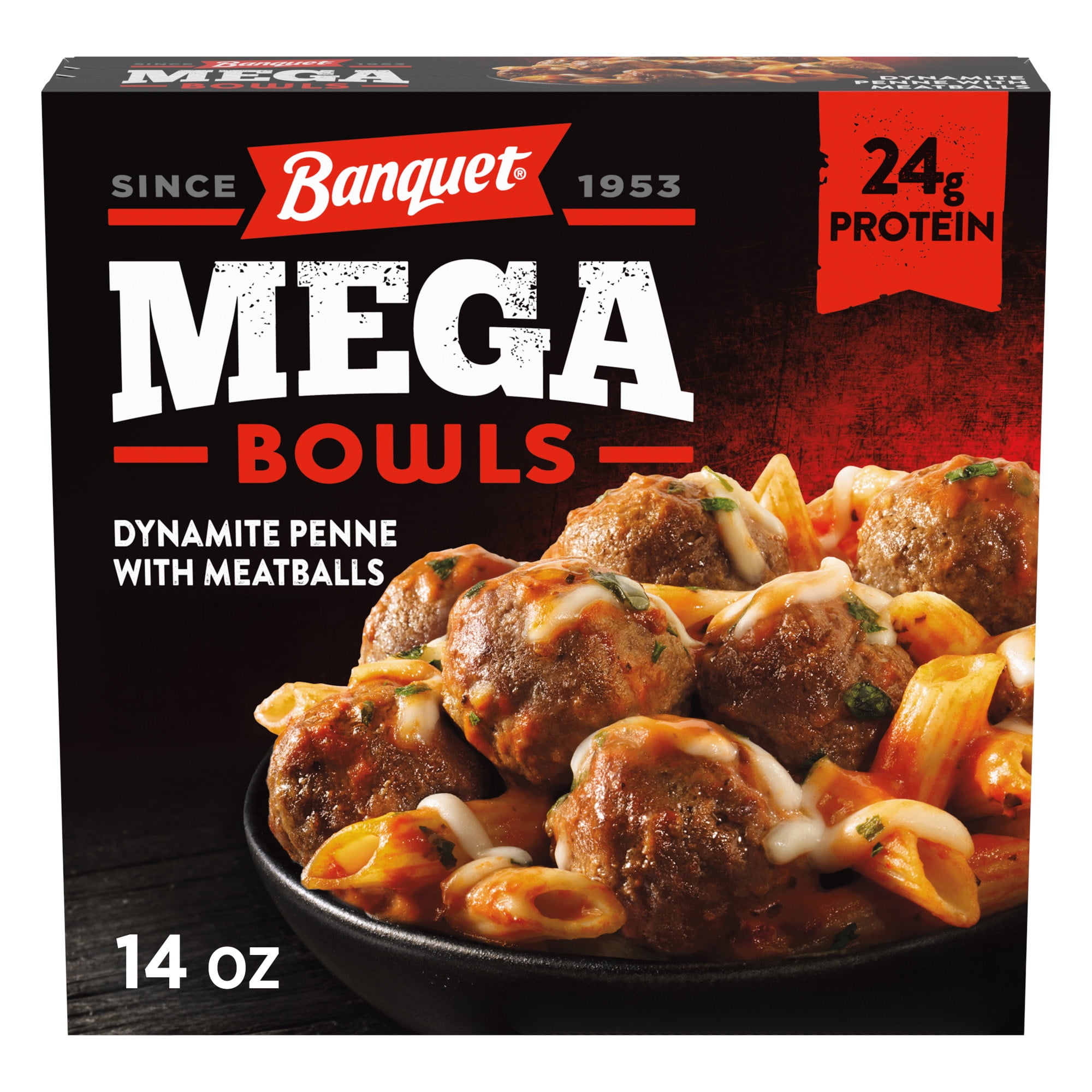 Banquet Mega Bowls Dynamite Penne Pasta with Meatballs, Frozen Meal, 14 ...