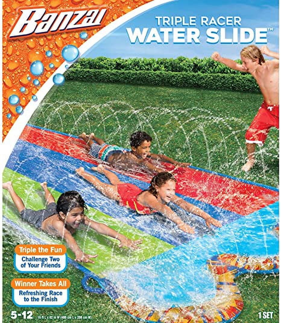 Banzai Kids Triple Racer Inflatable Water Slide, 16 ft x 82 in, Outdoor ...