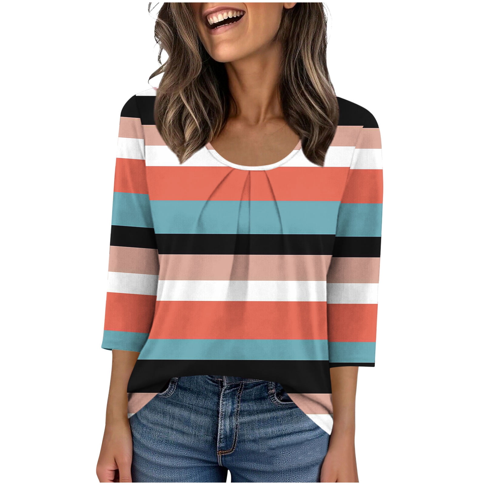 BaoFuBaoMei 3/4 Sleeve T Shirts for Women Plus Size Crew Neck Striped ...