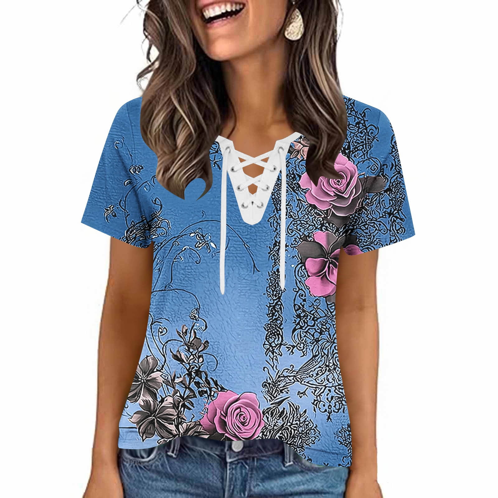 BaoFuBaoMei Blue Tops for Women Plus Size V Neck Short Sleeve Shirts ...