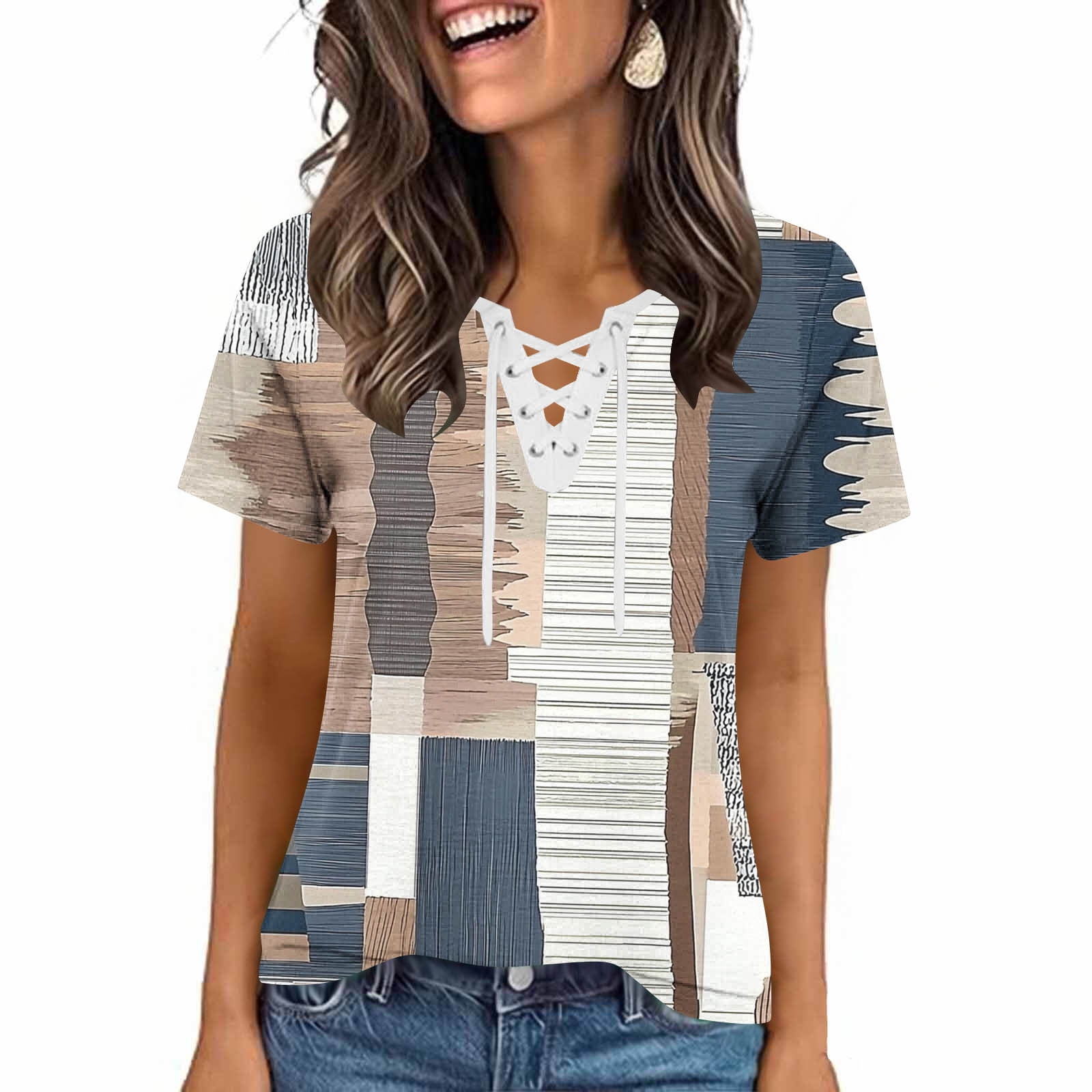 BaoFuBaoMei Casual Blouses for Women Plus Size V Neck Short Sleeve ...