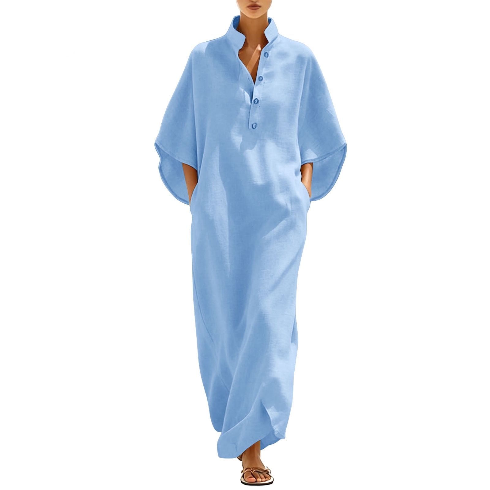 BaoFuBaoMei Deep V Neck Dresses for Women Plus Size Summer Flowy Button ...
