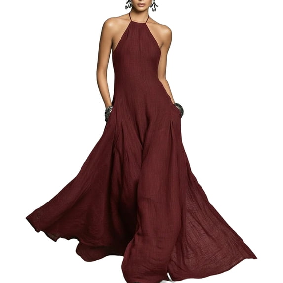 BaoFuBaoMei Halter Dresses for Women Plus Size Backless Solid Maxi ...