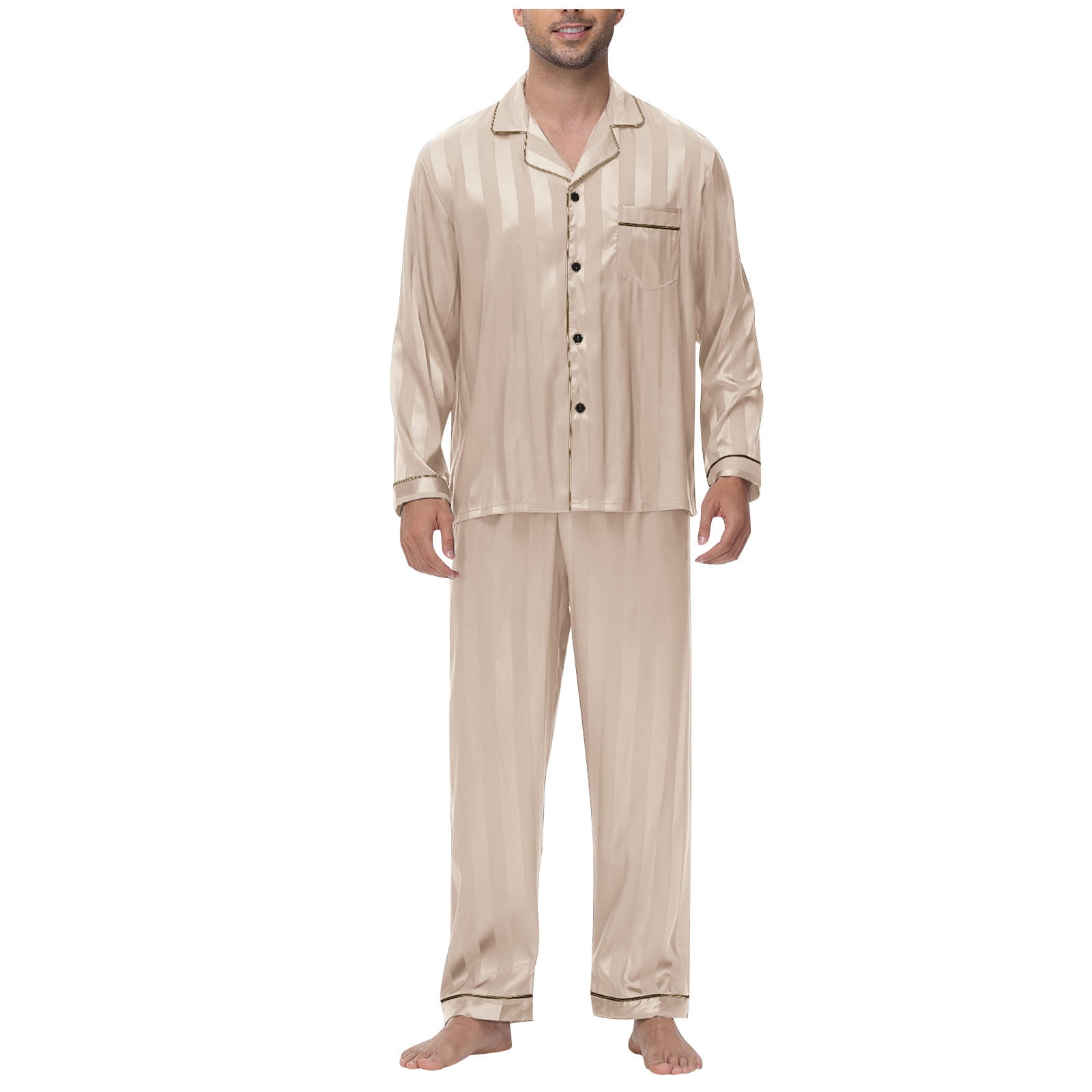 BaoFuBaoMei Ice Silk Pajamas for Men Button up Collared Lounge Sets ...