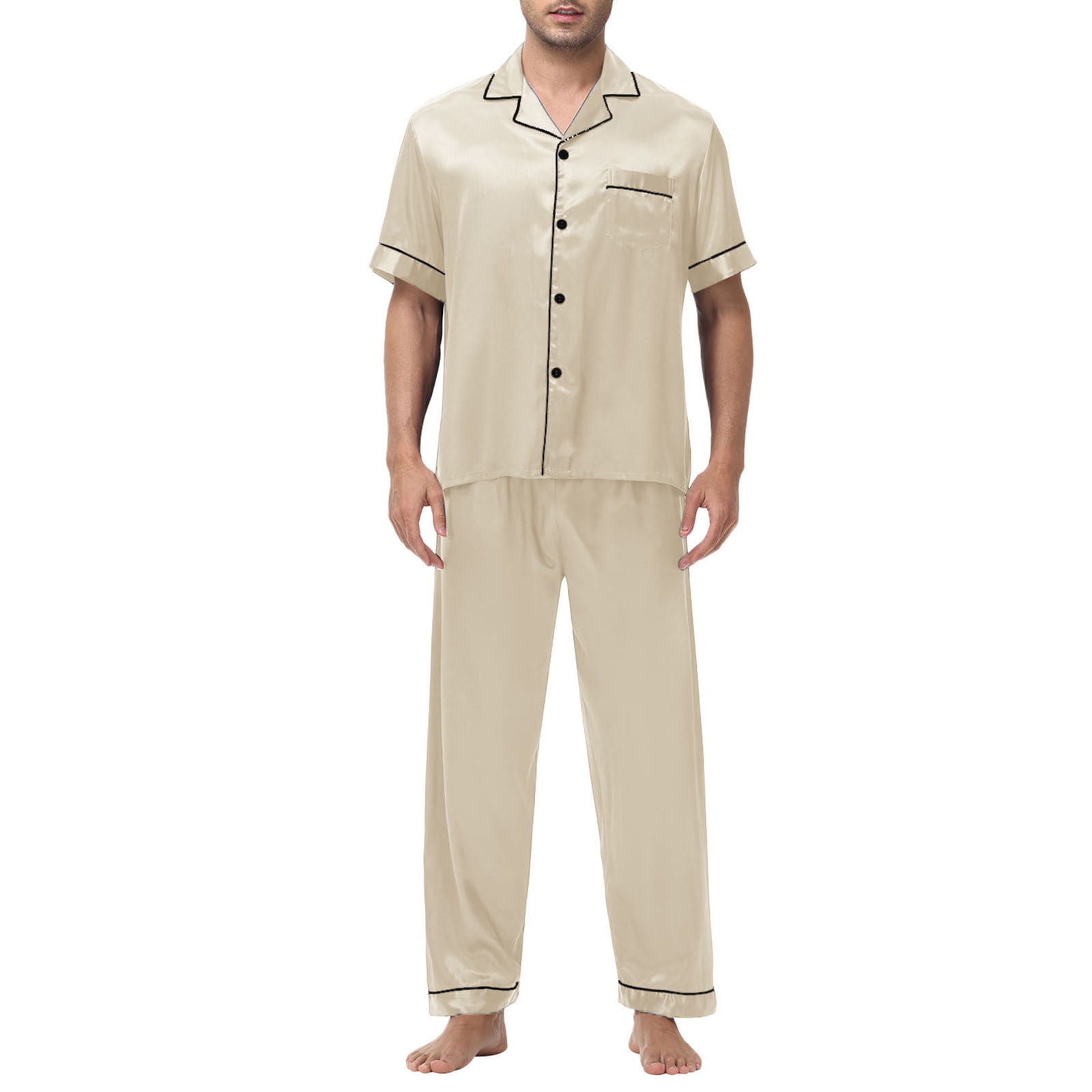 BaoFuBaoMei Ice Silk Pajamas for Men Button up Collared Lounge Sets ...