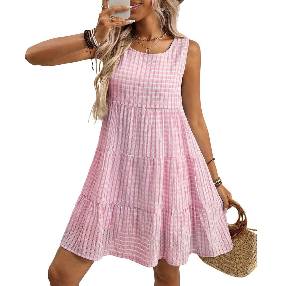 BaoFuBaoMei Layered Dresses for Women Plus Size Ruffle Hem Checkered ...