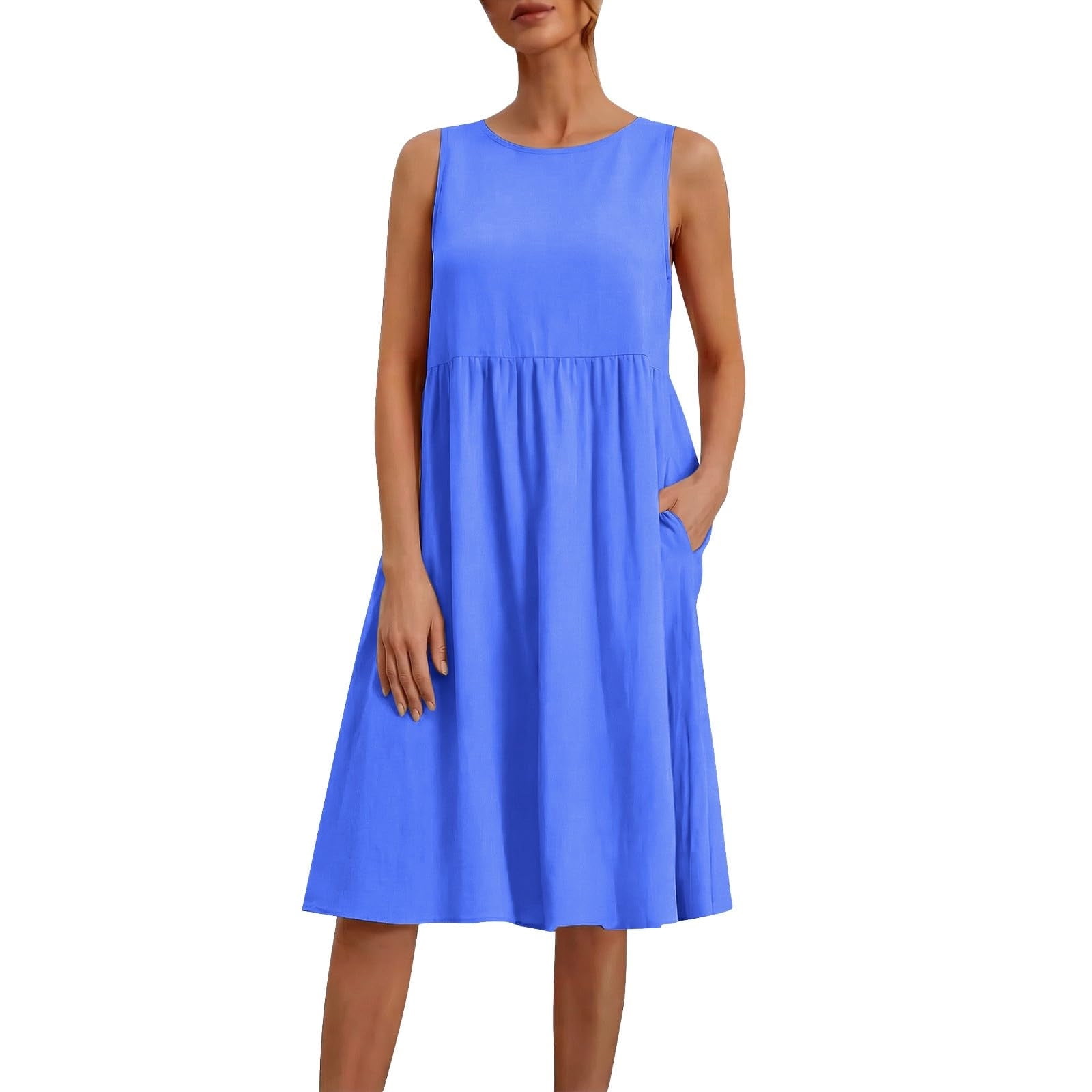 BaoFuBaoMei Linen Dresses for Women Plus Size Solid Gathered Tank Dress ...