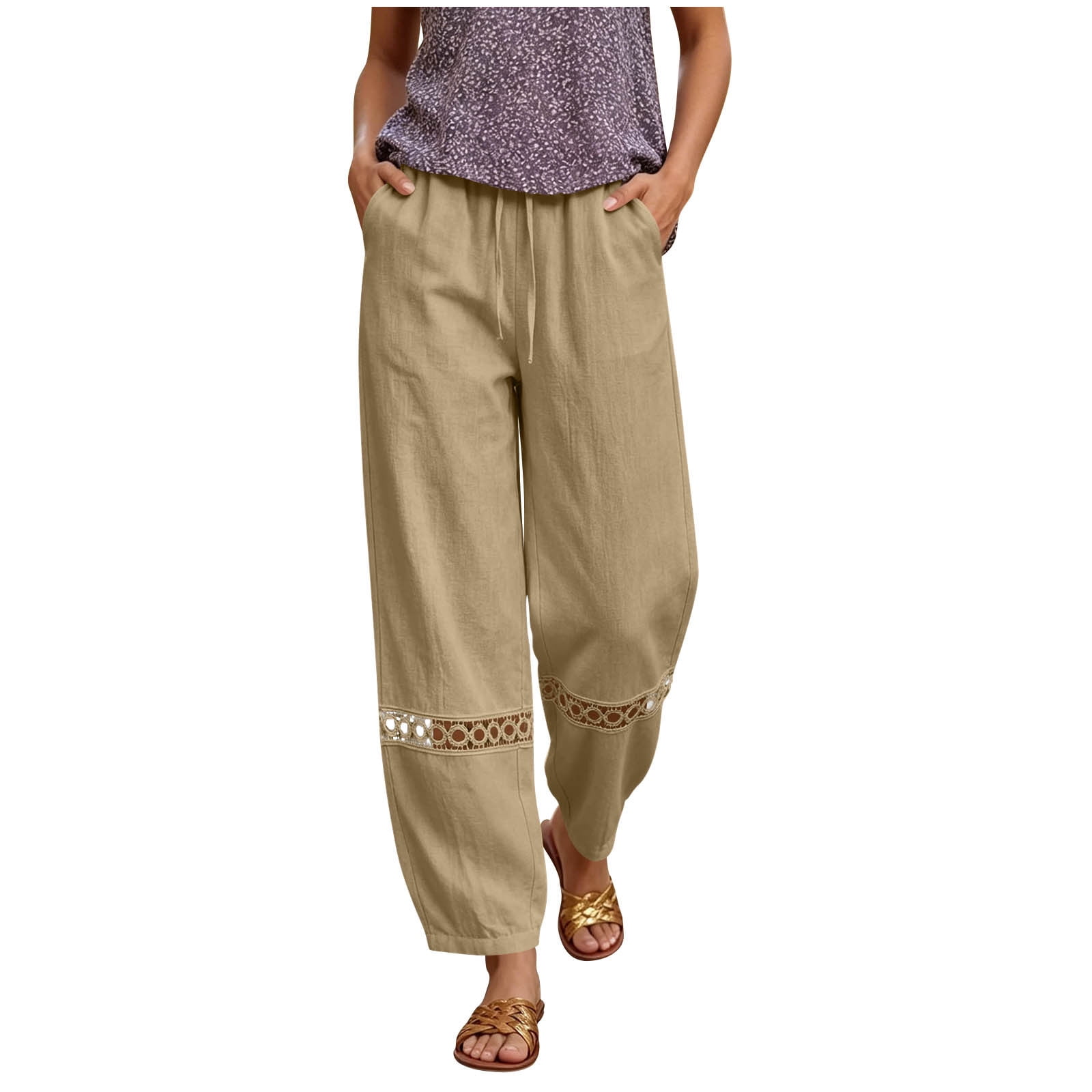 BaoFuBaoMei Linen Pants Women Plus Size Drawstring Elastic Waist ...