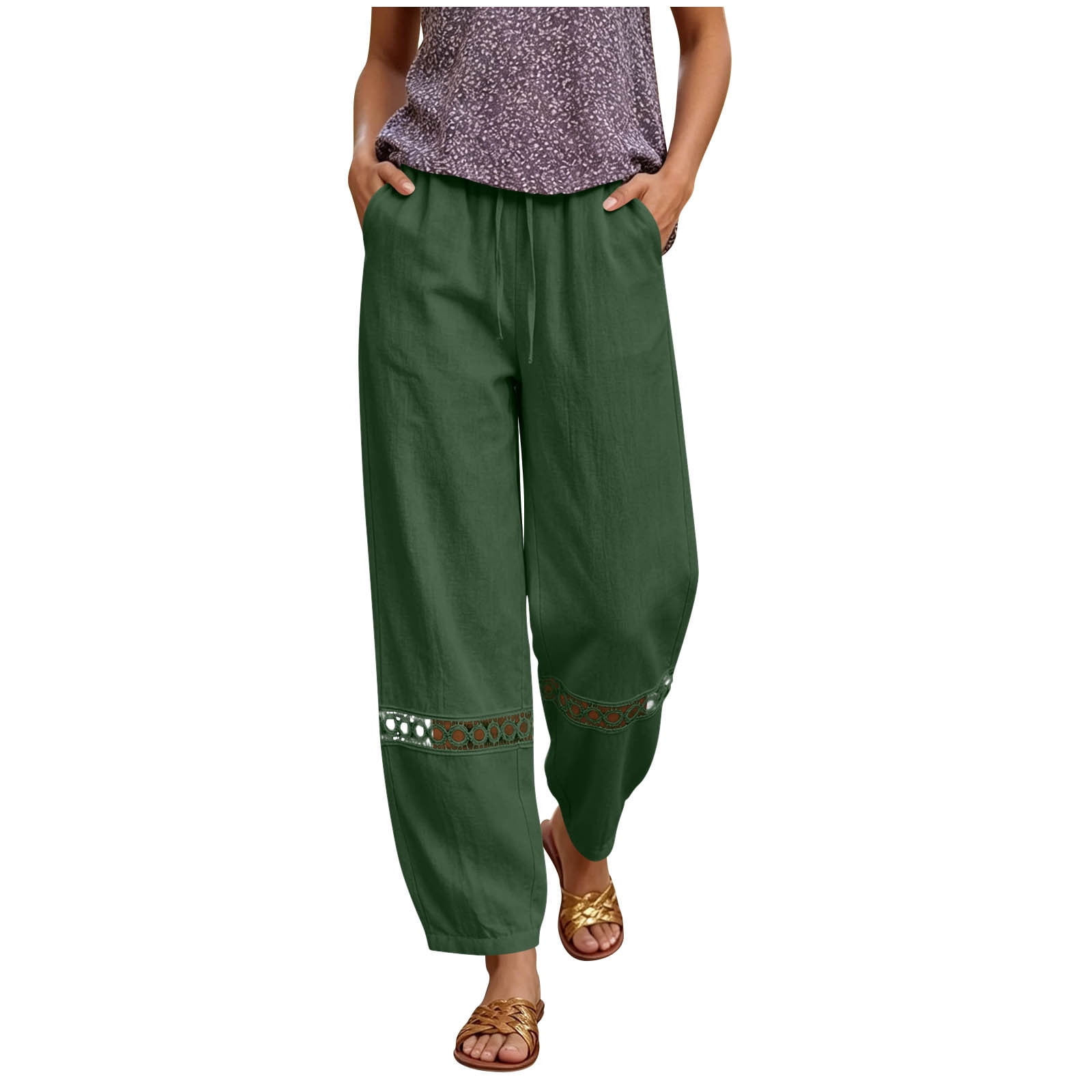 BaoFuBaoMei Linen Pants Women Plus Size Drawstring Elastic Waist ...
