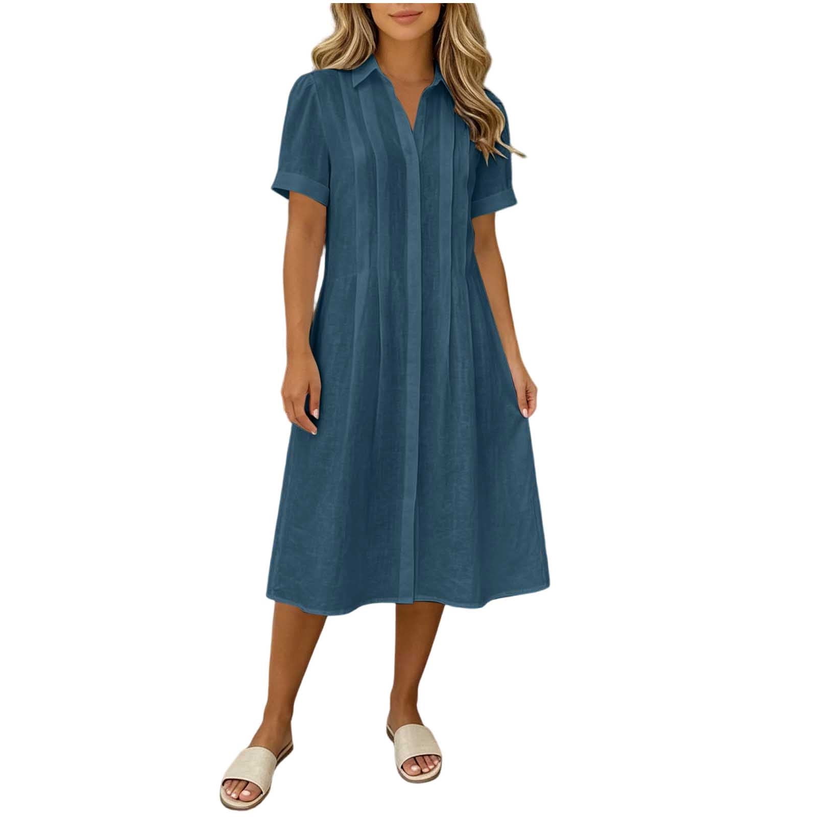 BaoFuBaoMei Linen Pleated Dresses for Women Plus Size Summer ...