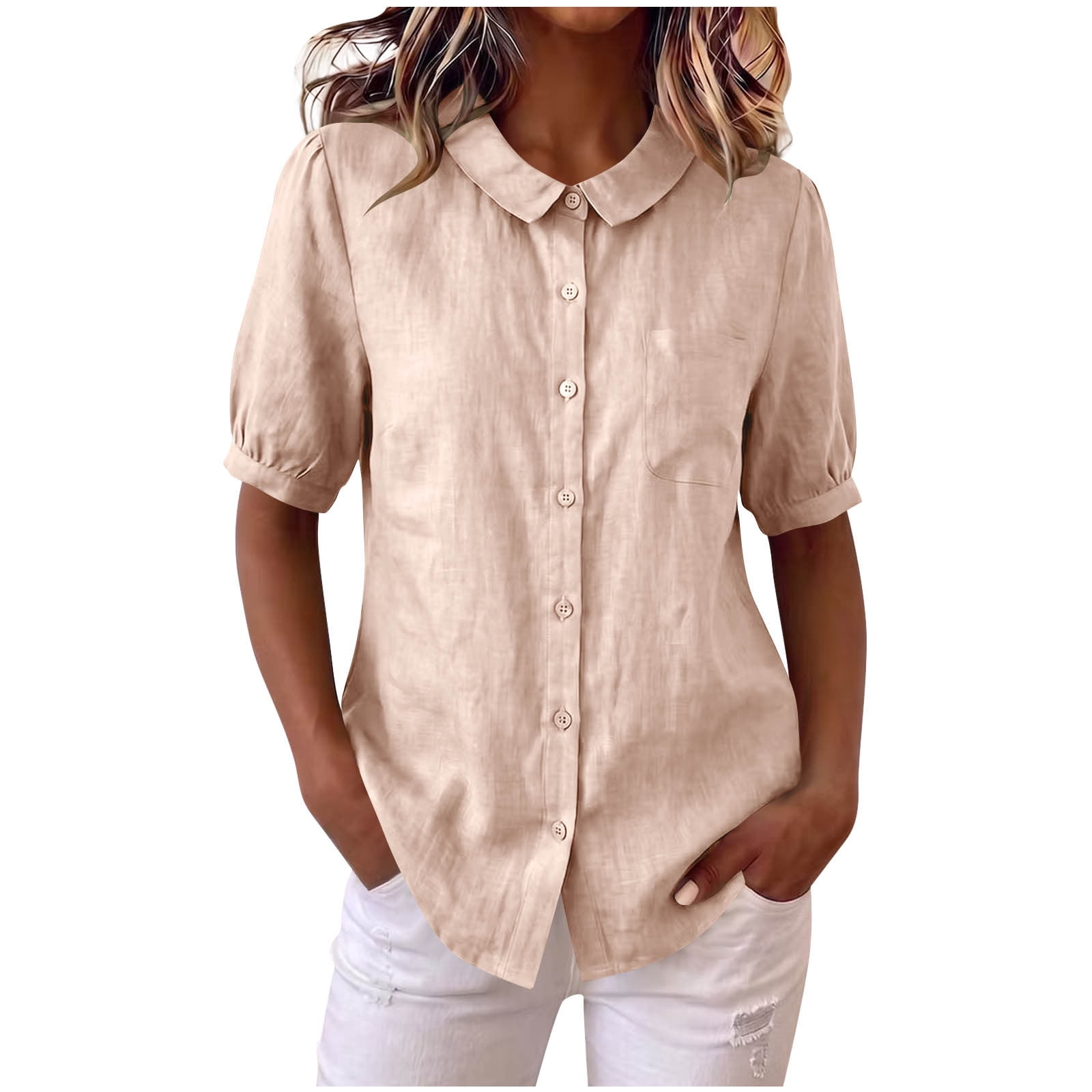 BaoFuBaoMei Linen Tops for Women Plus Size Collared Short Sleeve Shirts ...