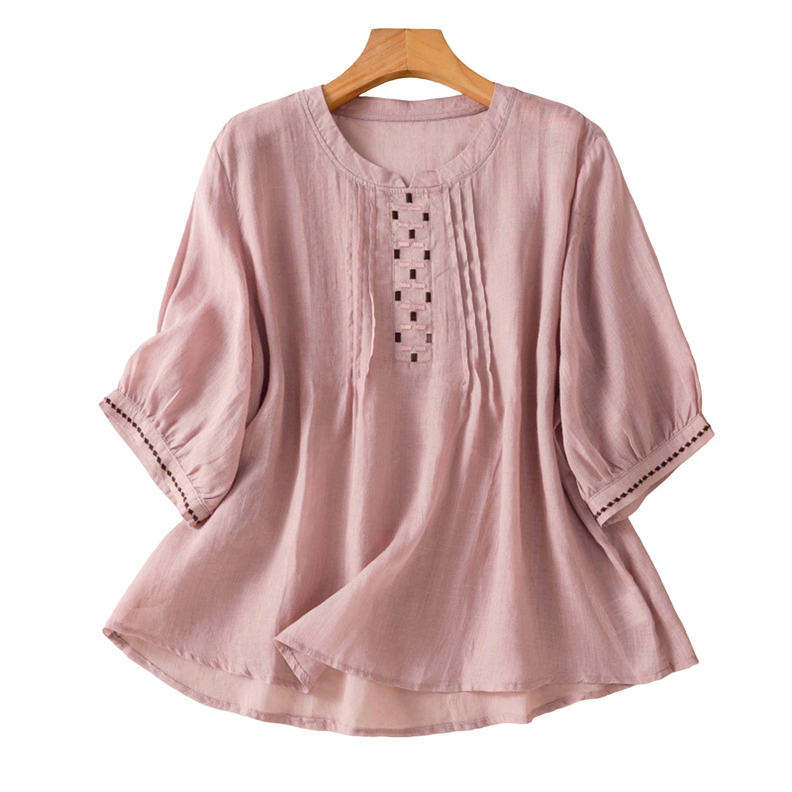 BaoFuBaoMei Linen Tops for Women Plus Size Crew Neck Half Sleeve Shirts ...
