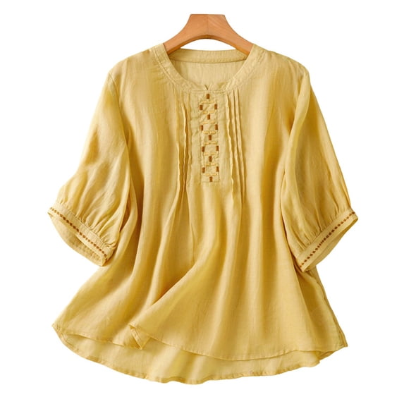 BaoFuBaoMei Linen Tops for Women Plus Size Crew Neck Half Sleeve Shirts ...