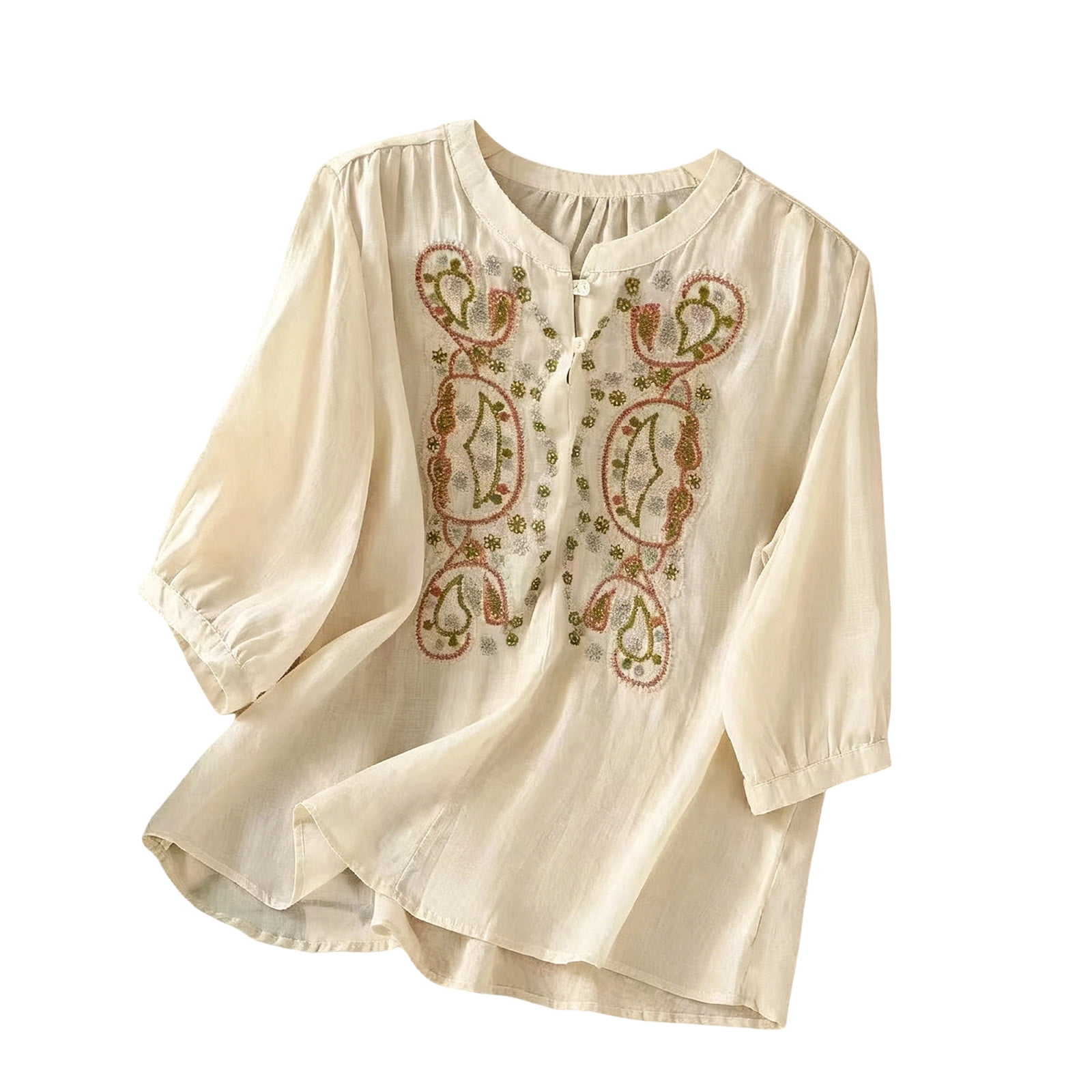 BaoFuBaoMei Linen Tops for Women Plus Size Crew Neck Short Sleeve ...