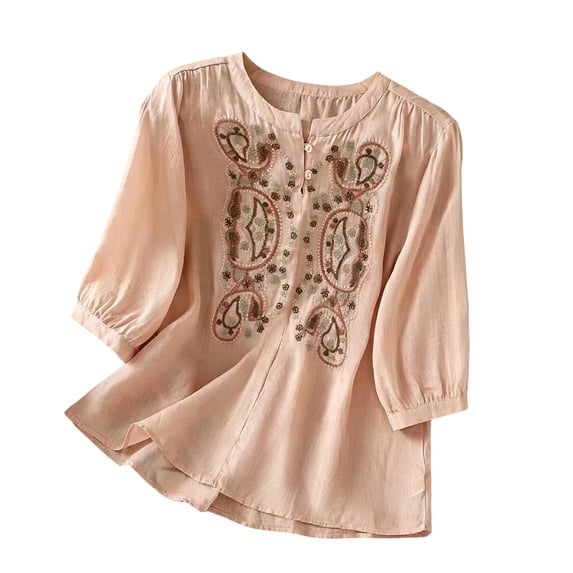 BaoFuBaoMei Linen Tops for Women Plus Size Crew Neck Short Sleeve ...
