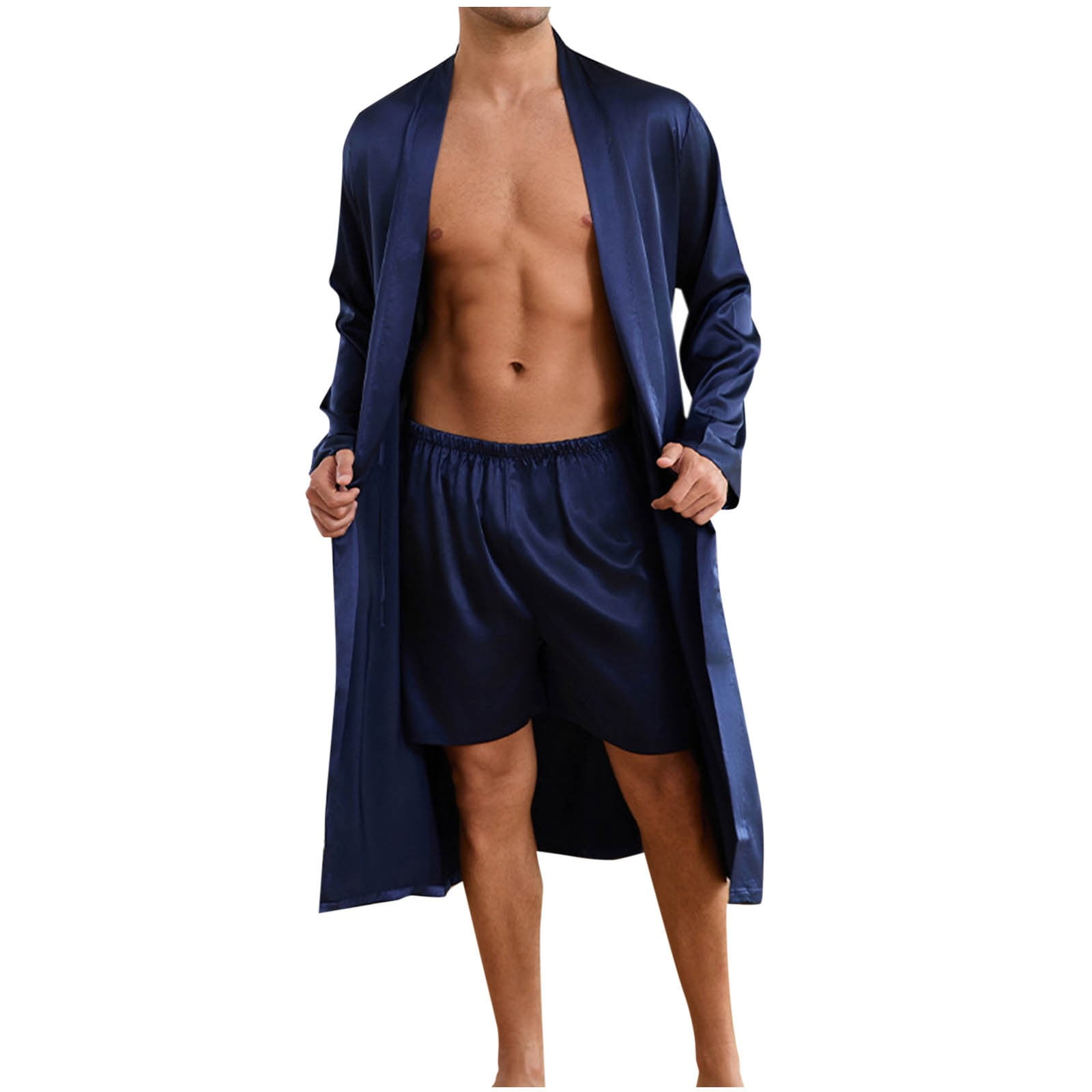 BaoFuBaoMei Mens Pajamas Sets Satin Tie Waist Collared Lounge Sets Long ...