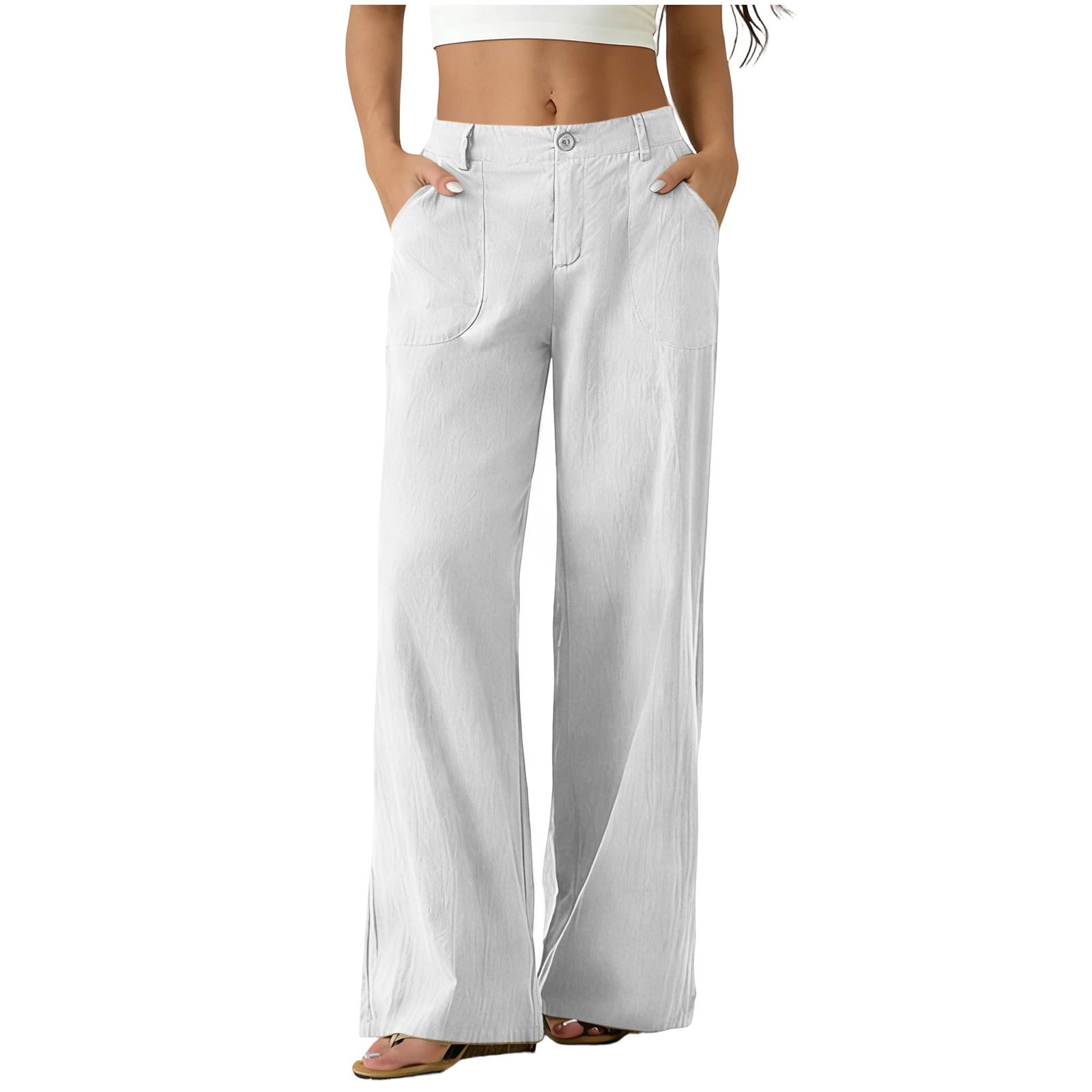 BaoFuBaoMei Pants for Women with Pockets Button Stretchy Straight Leg ...