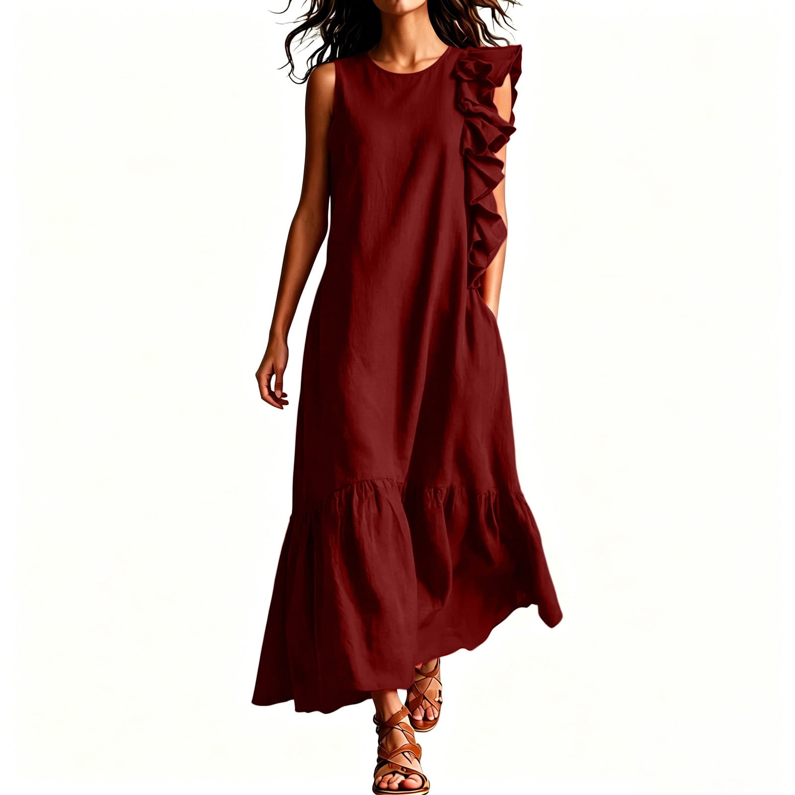 BaoFuBaoMei Ruffle Dresses for Women Plus Size Flowy Casual Maxi Dress ...