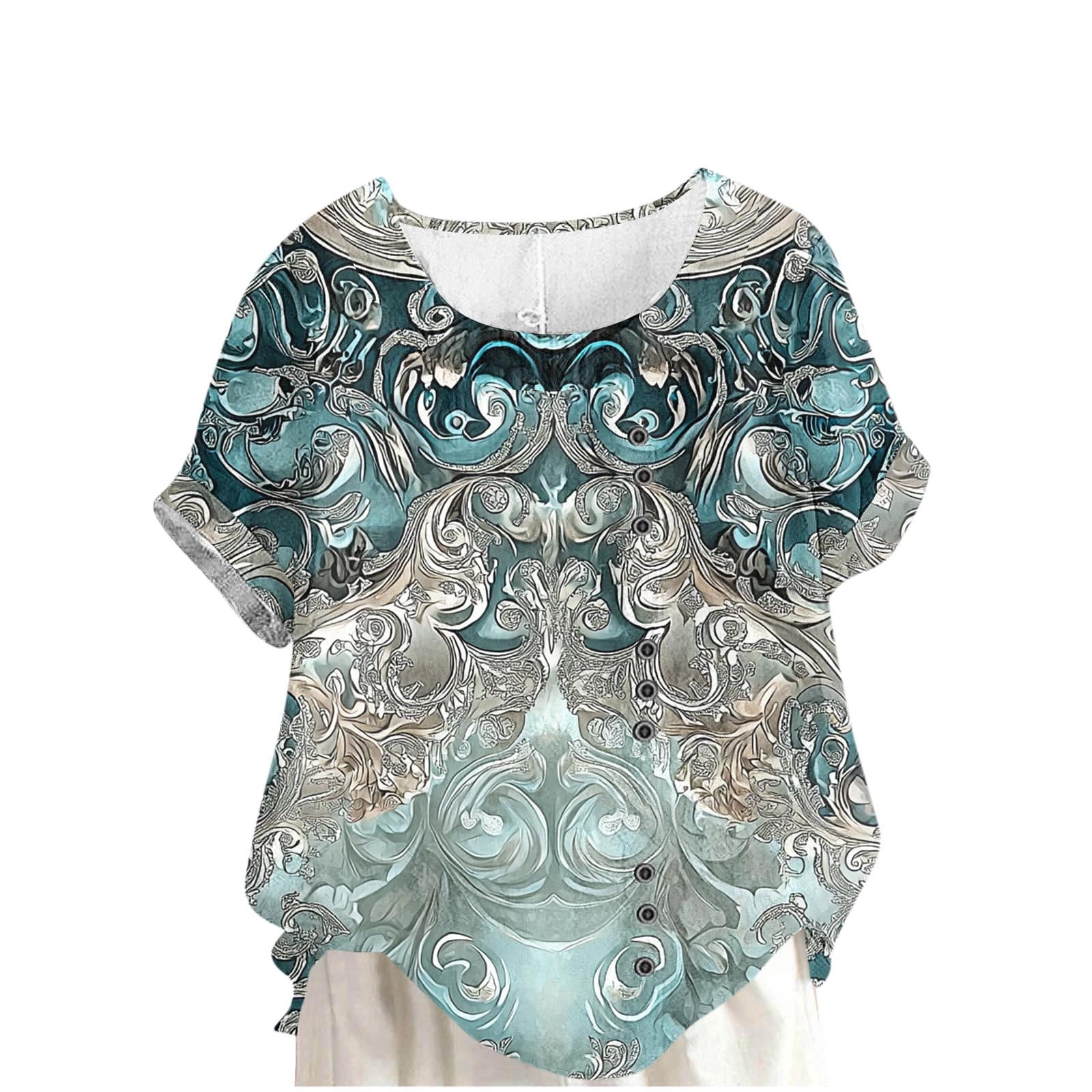 BaoFuBaoMei Short Sleeve Blouses for Women Plus Size Decorative Buttons ...