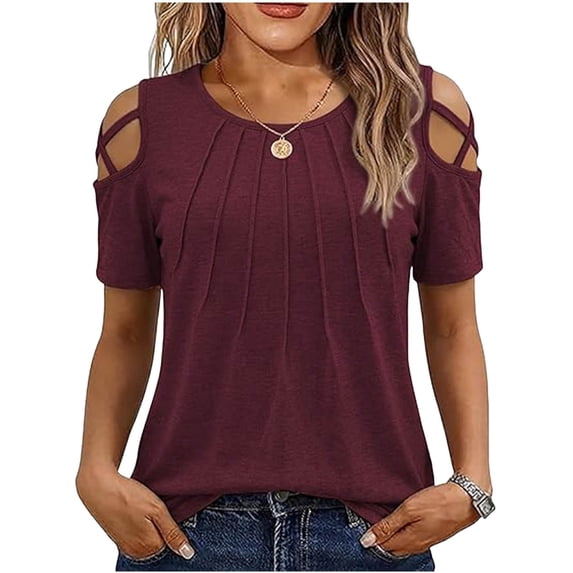 BaoFuBaoMei Short Sleeve Tops for Women Plus Size Cold Shoulder Crew ...