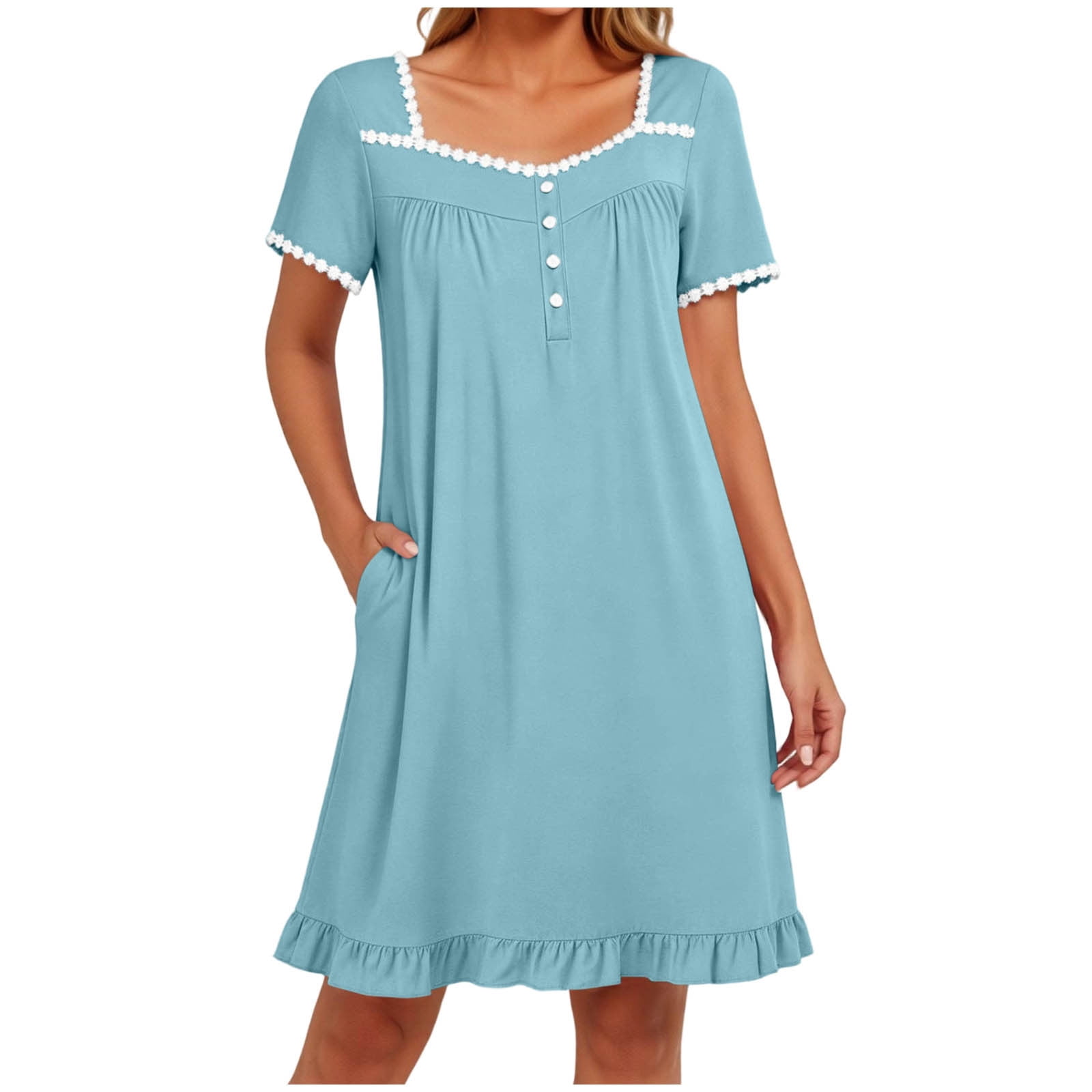 BaoFuBaoMei Sleep Dresses for Plus Size Women with Pockets Lace Short ...