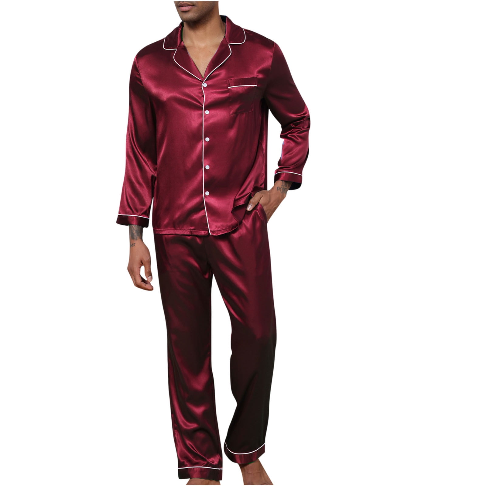 BaoFuBaoMei Sleepwear Pajamas Men Button up Collared Lounge Sets Long ...