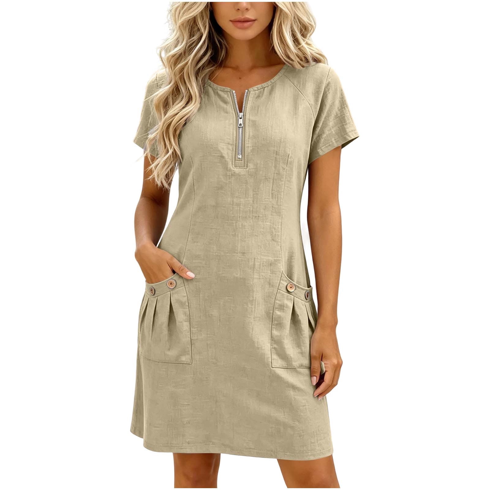 BaoFuBaoMei Summer Dresses for Women Plus Size Front Zipper Solid Dress ...