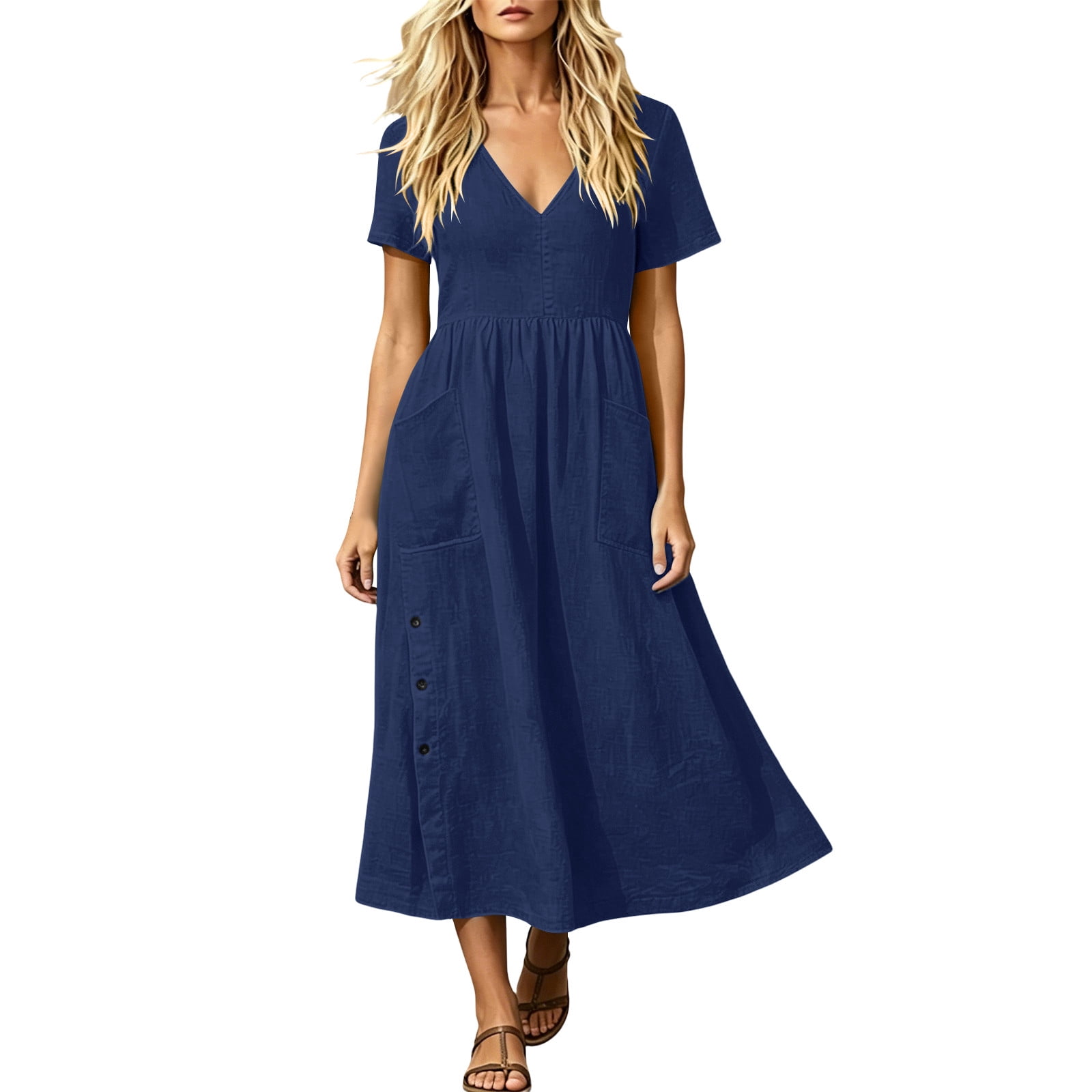 BaoFuBaoMei V Neck Dresses for Women Plus Size A Line Flowy Midi Dress ...