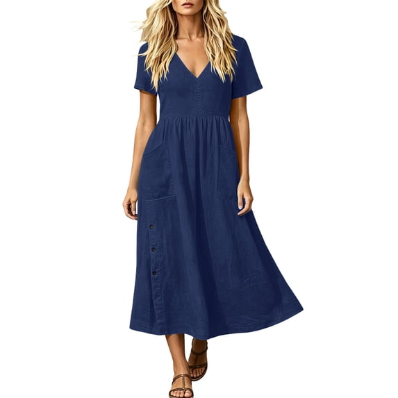 BaoFuBaoMei V Neck Dresses for Women Plus Size A Line Flowy Midi Dress ...