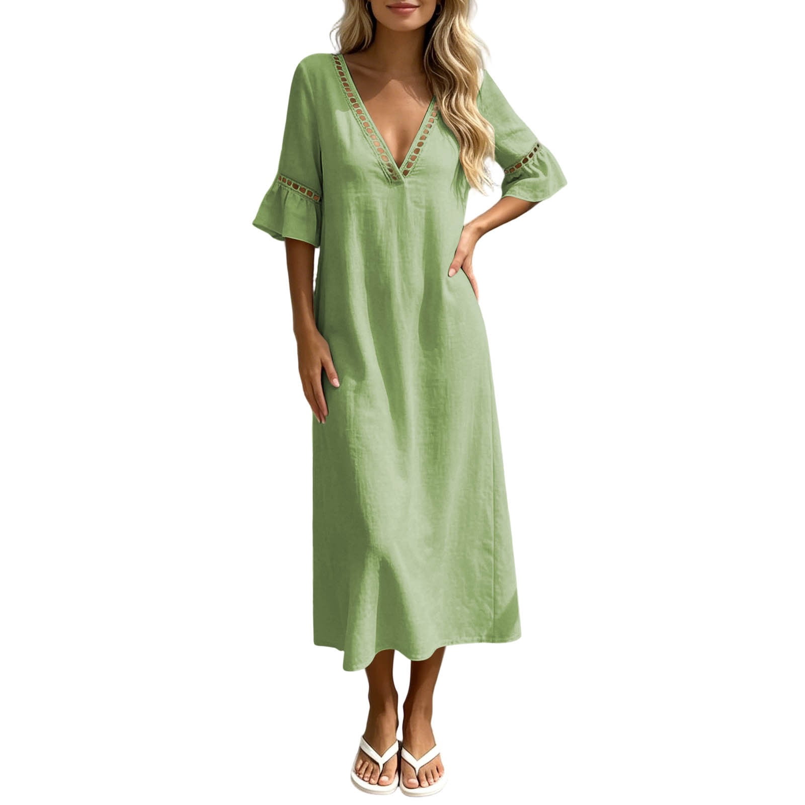 BaoFuBaoMei V Neck Dresses for Women Plus Size Cutout Solid Dress Elbow ...