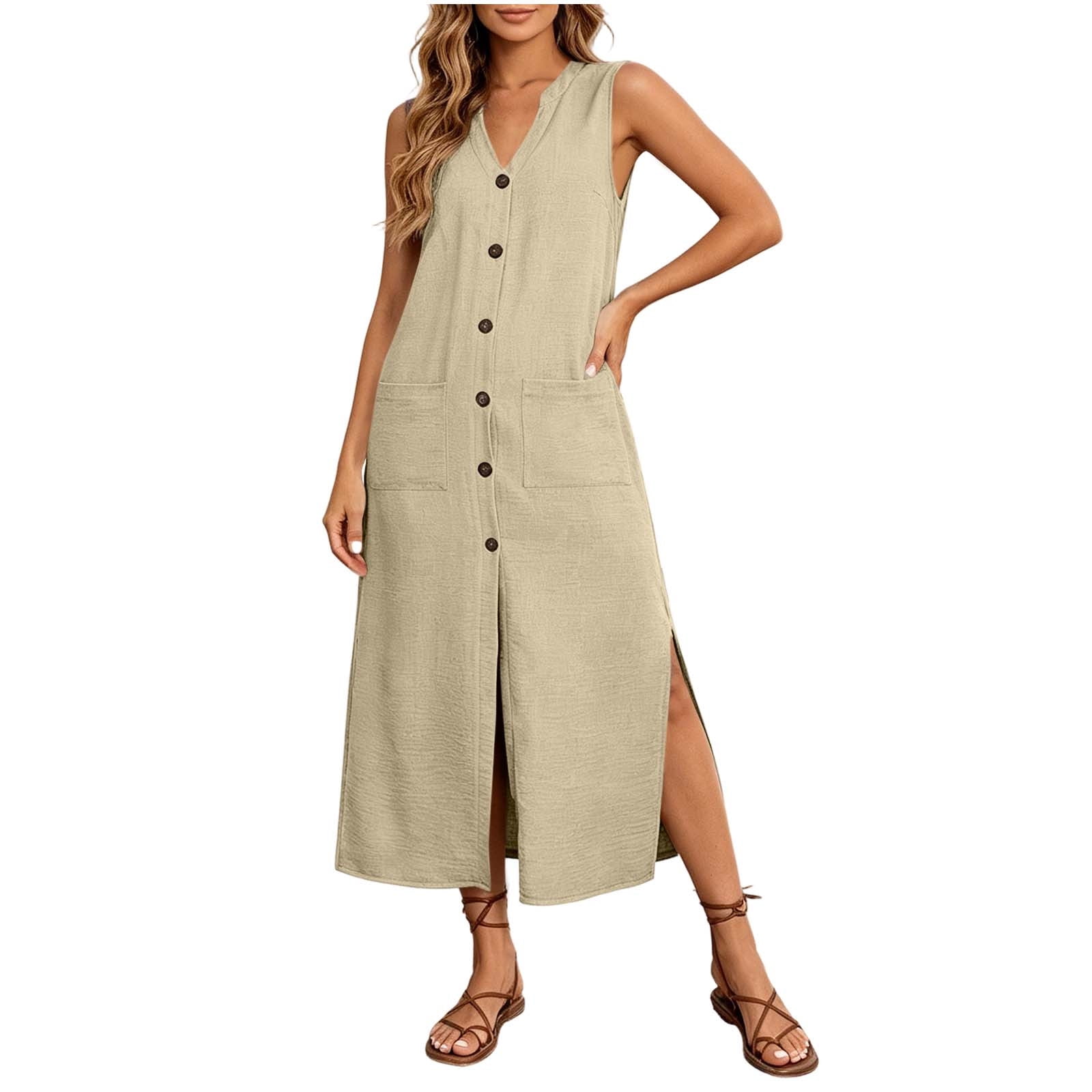 BaoFuBaoMei V Neck Dresses for Women Plus Size Side Slit Button up ...