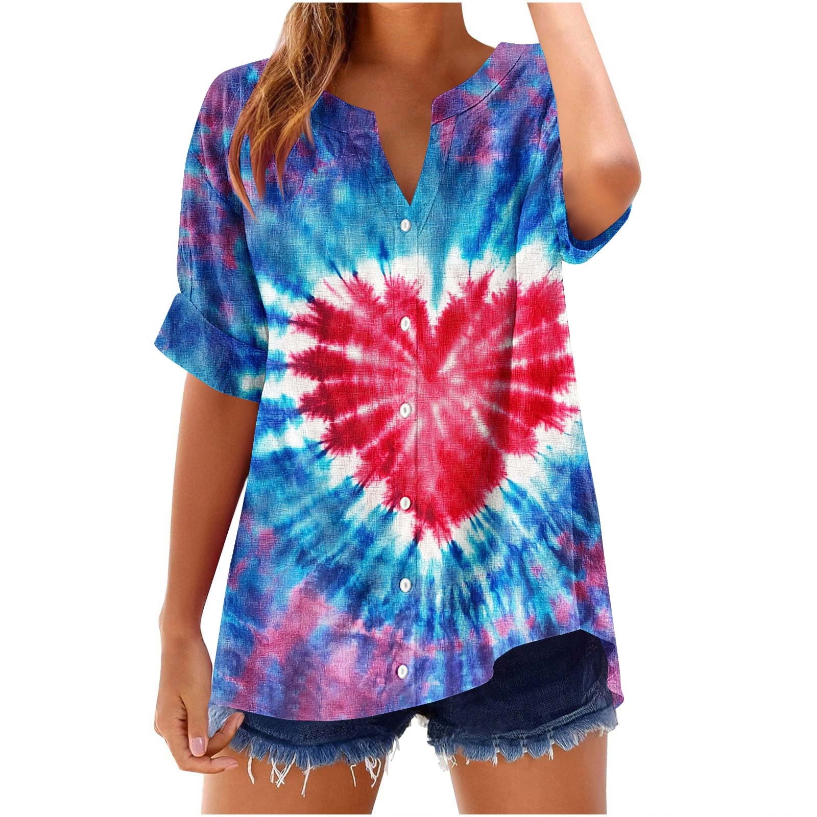 BaoFuBaoMei V Neck Tops for Women Plus Size Button up Short Sleeve ...