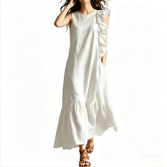 BaoFuBaoMei White Ruffle Dresses for Women Plus Size Summer Flowy ...