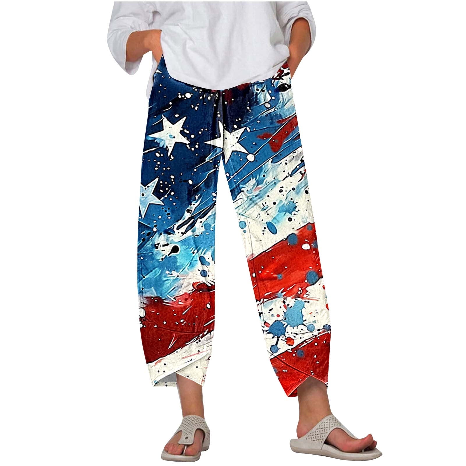BaoFuBaoMei Wide Leg Pants Woman Plus Size Patriotic Printed Capris ...