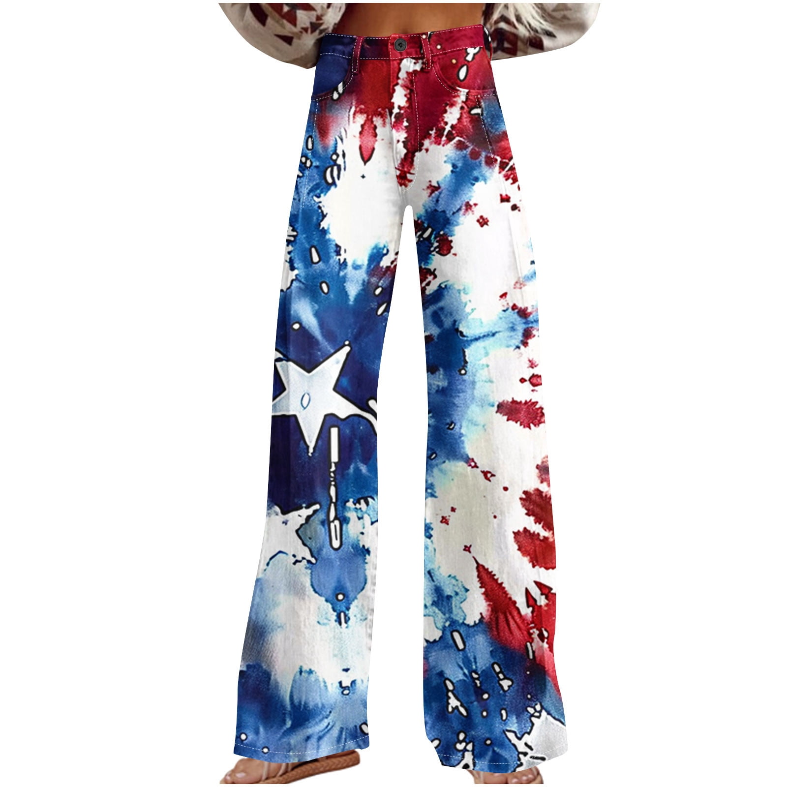 BaoFuBaoMei Wide Leg Pants for Women Plus Size Patriotic Button ...