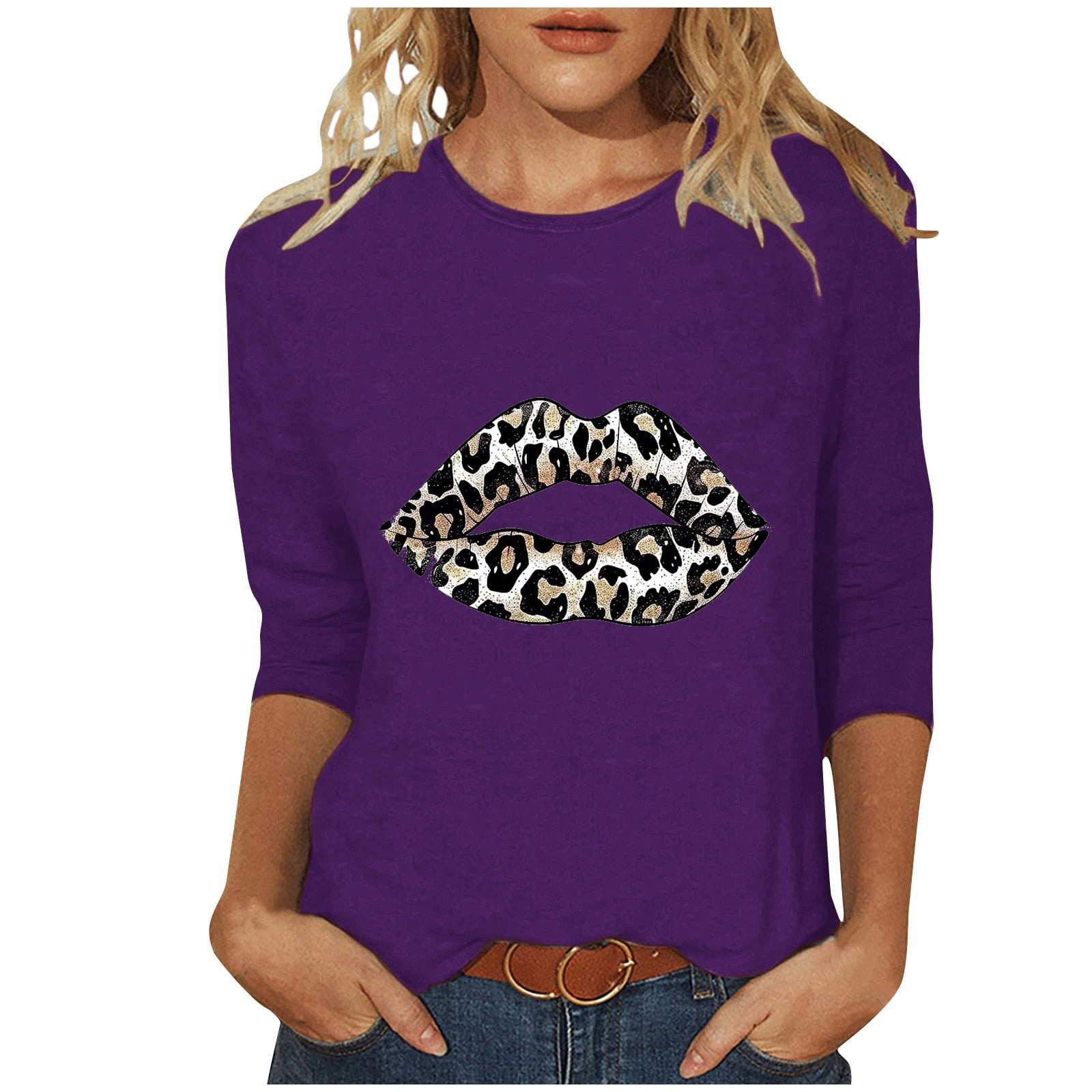 BaoFuBaoMei Womens 3/4 Length Sleeve T Shirts Plus Size Crew Neck ...