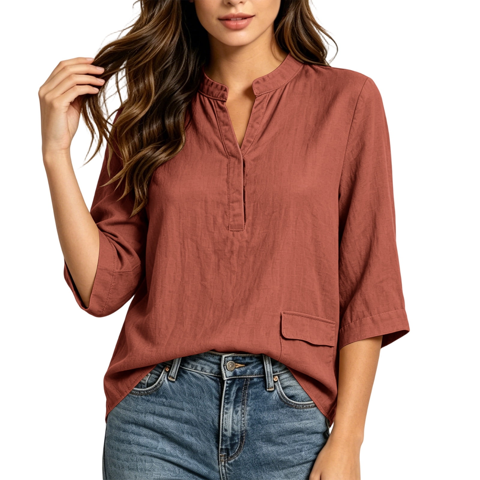 BaoFuBaoMei Womens 3/4 Sleeve T Shirts Plus Size Split Neck Solid ...