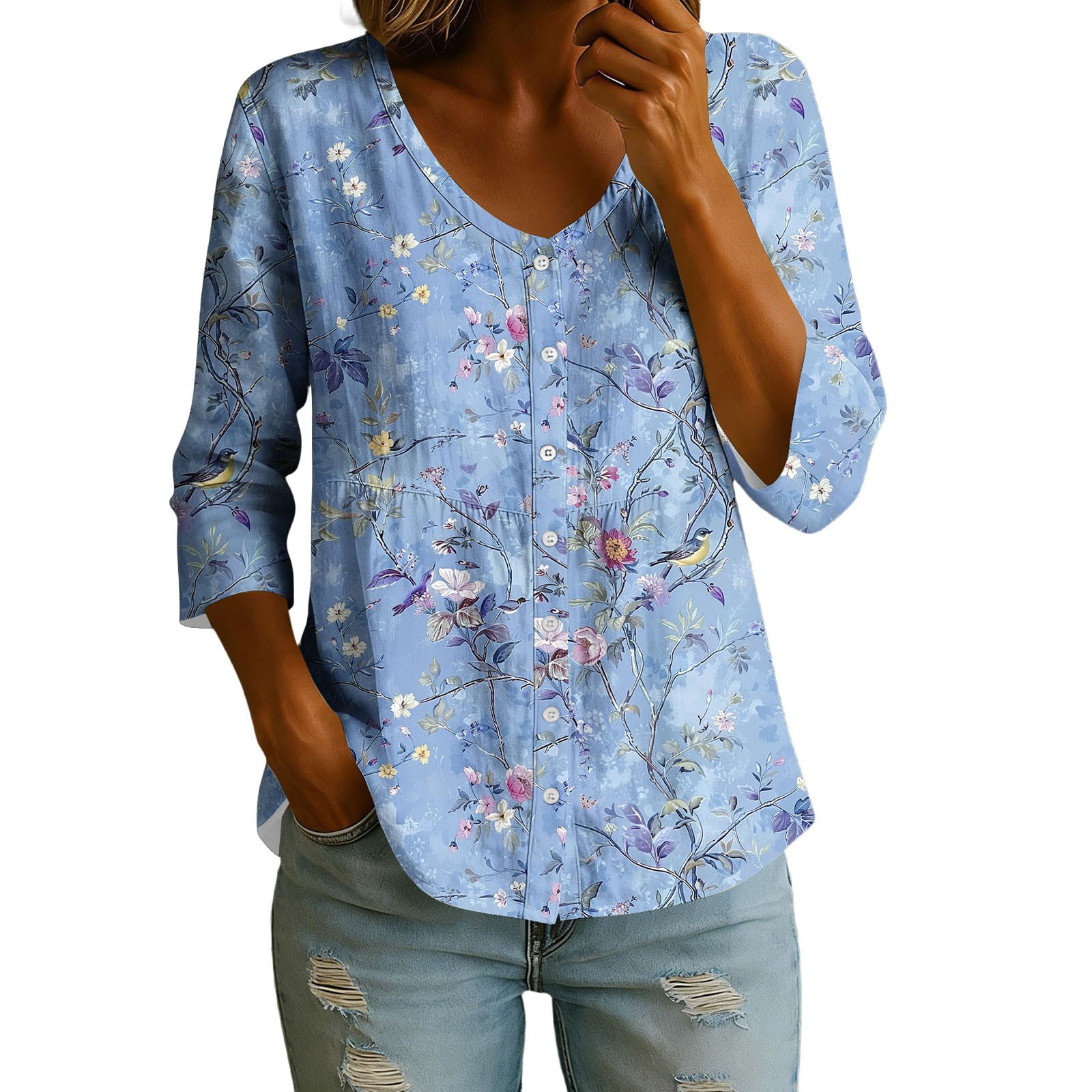 BaoFuBaoMei Womens 3/4 Sleeve T Shirts Plus Size V Neck Floral Printed ...