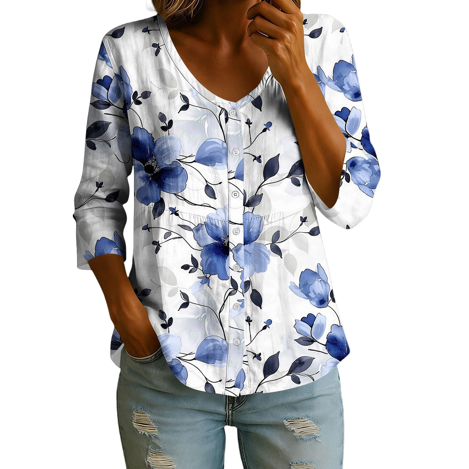 BaoFuBaoMei Womens 3/4 Sleeve T Shirts Plus Size V Neck Floral Printed ...
