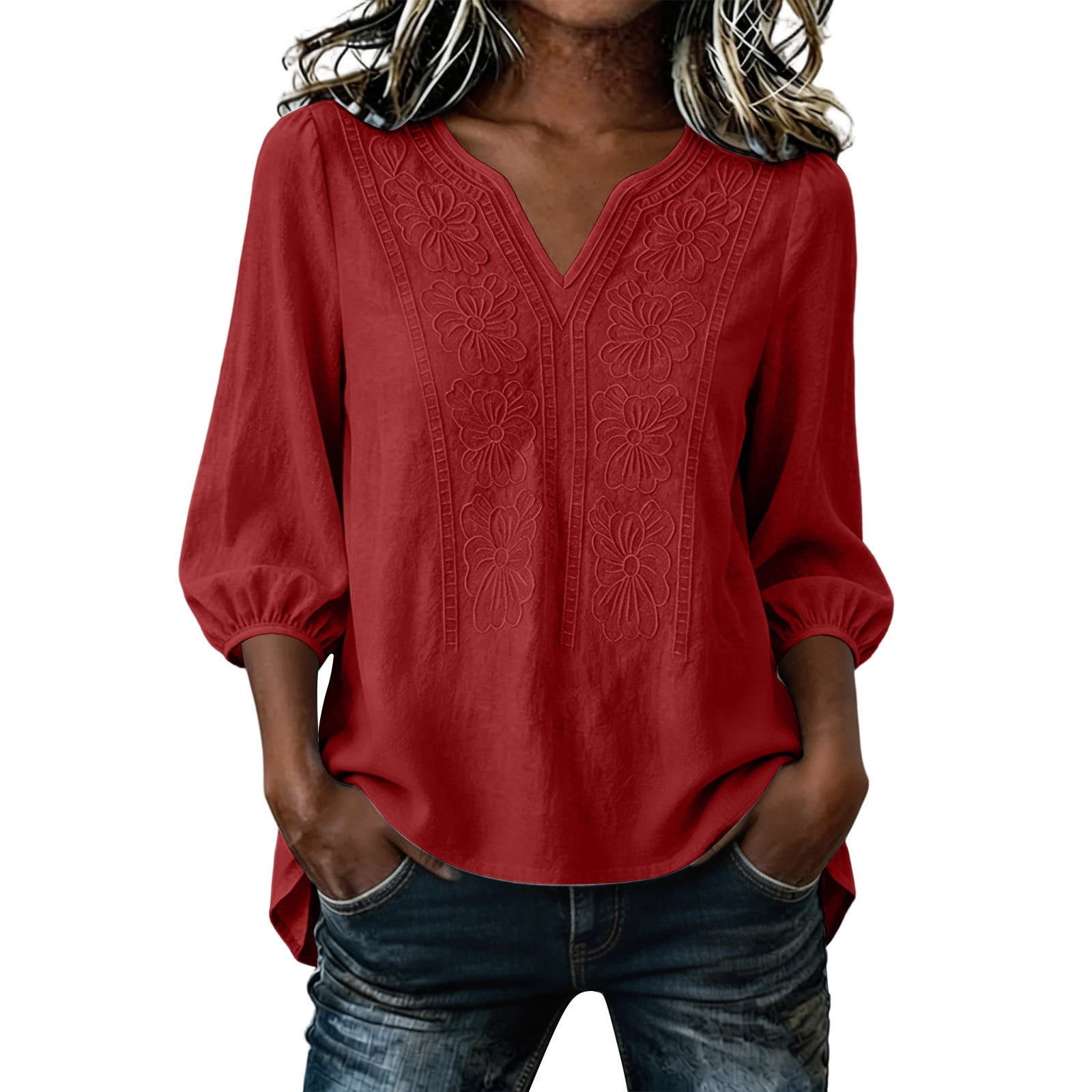 BaoFuBaoMei Womens 3/4 Sleeve Tee Shirts Plus Size Split Neck ...
