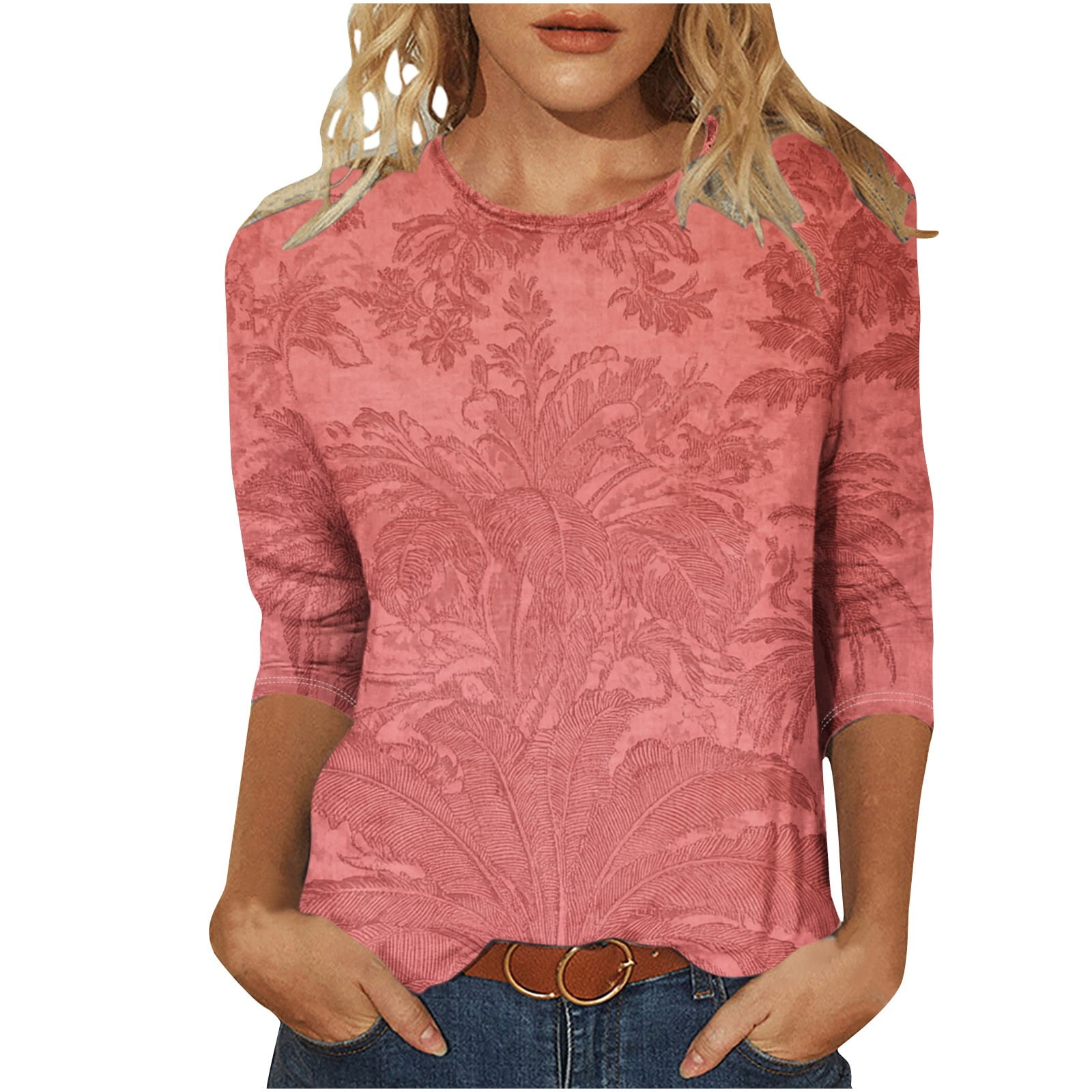 BaoFuBaoMei Womens 3/4 Sleeve Tops Plus Size Crew Neck Floral Printed ...