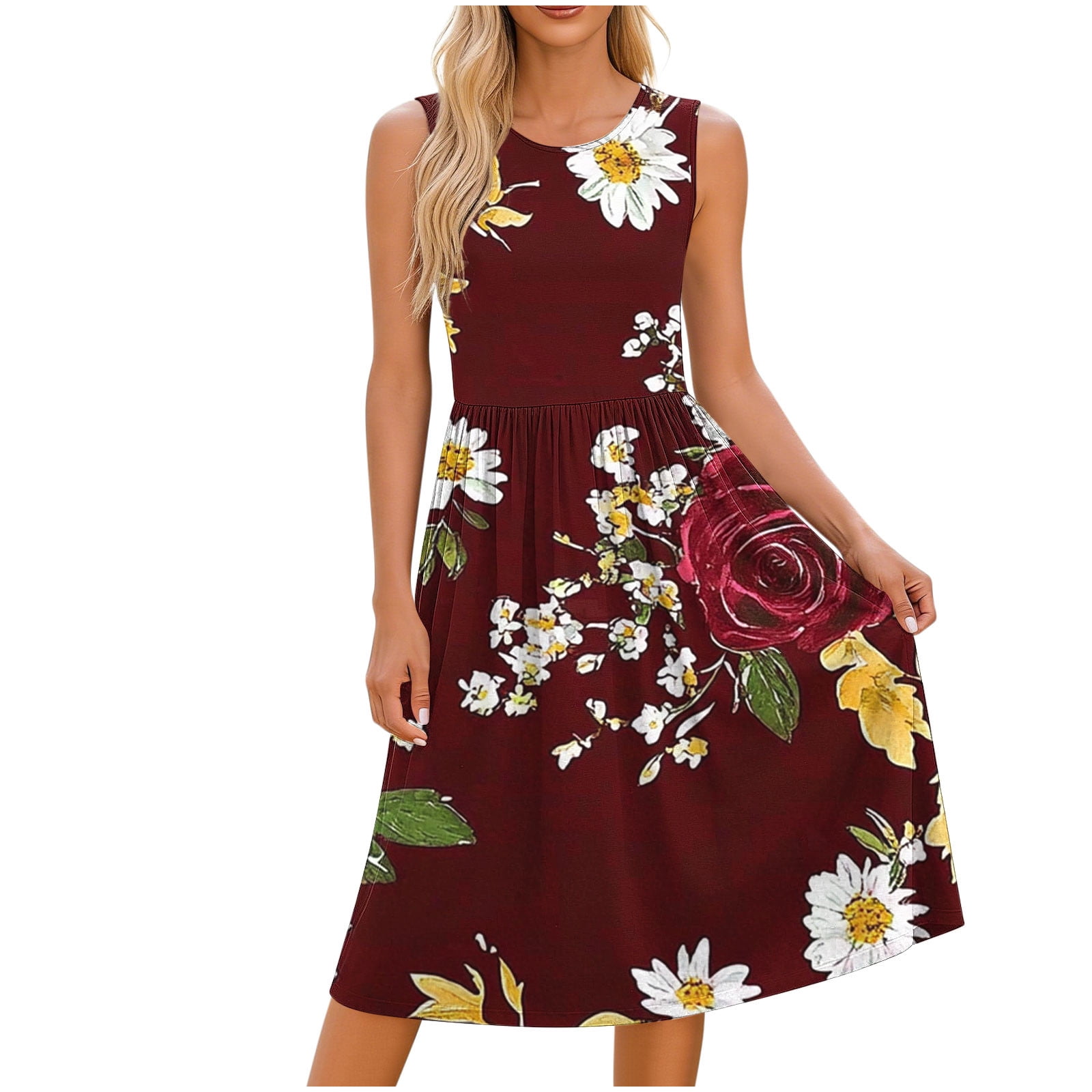 BaoFuBaoMei Womens Gathered Dress Plus Size A Line Floral Printed ...