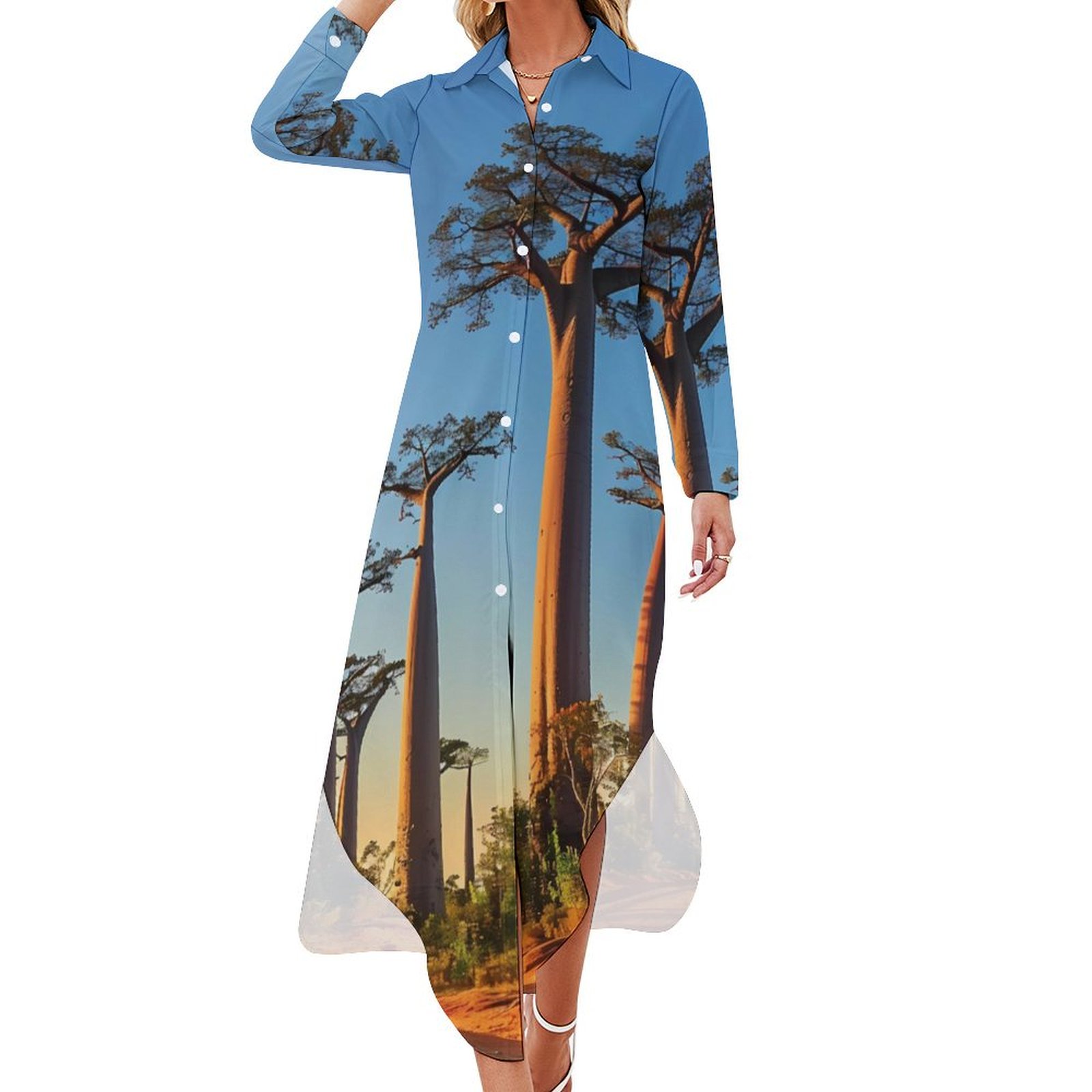 Baobab Trees at Sunset Women's Maxi T Shirt Dress Long Sleeve Lapel ...